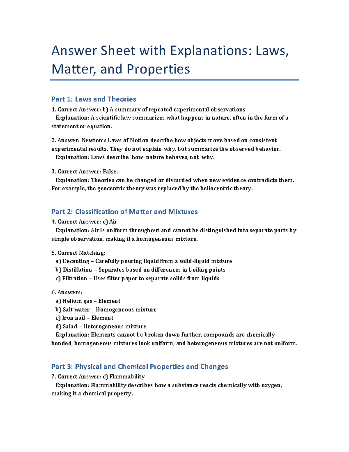 Week 1 Answer Sheet: Laws, Matter, and Properties Explained - Studocu