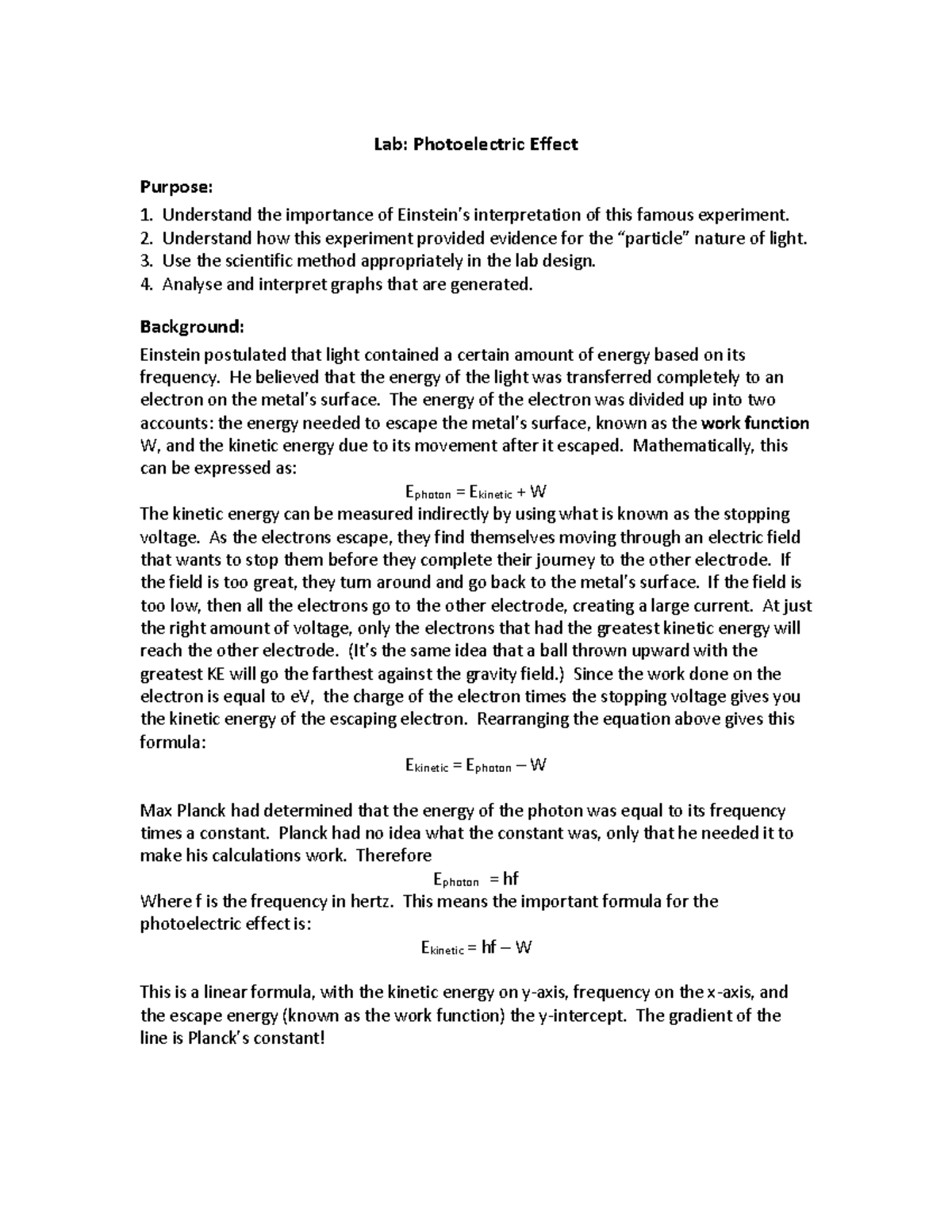 Photoelectric Effect Lab Worksheet (PHET) - Understanding Light's ...