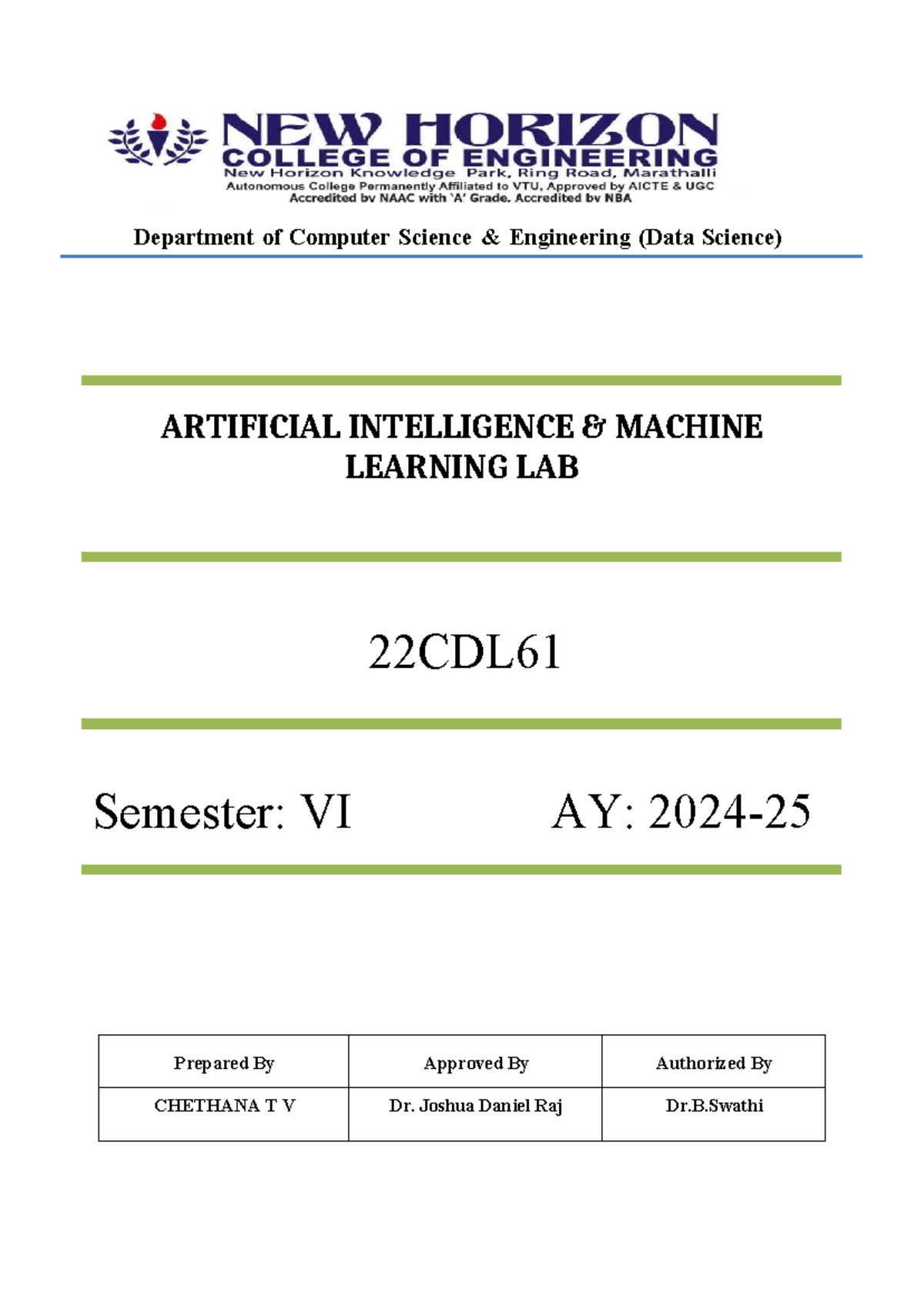 AIML Lab Manual - 22CDL61 for Data Science Semester VI - Studocu