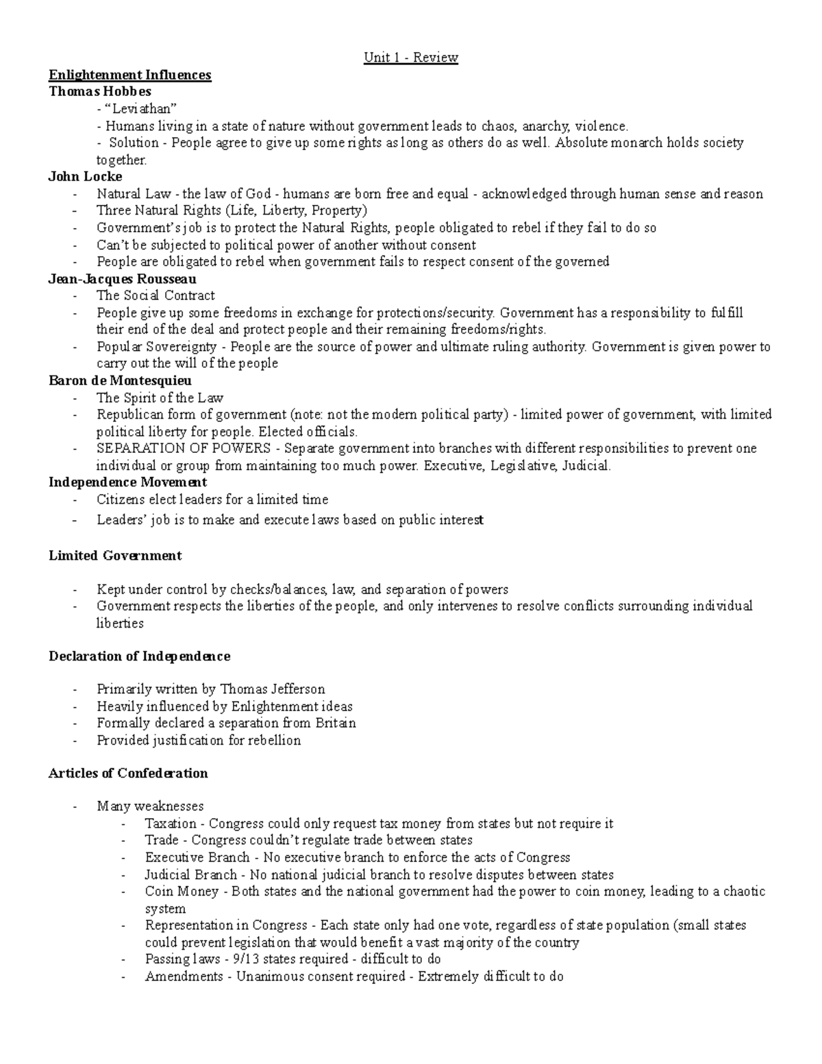 Unit 1 Review - AP Gov: Enlightenment Influences & Federalism Concepts ...