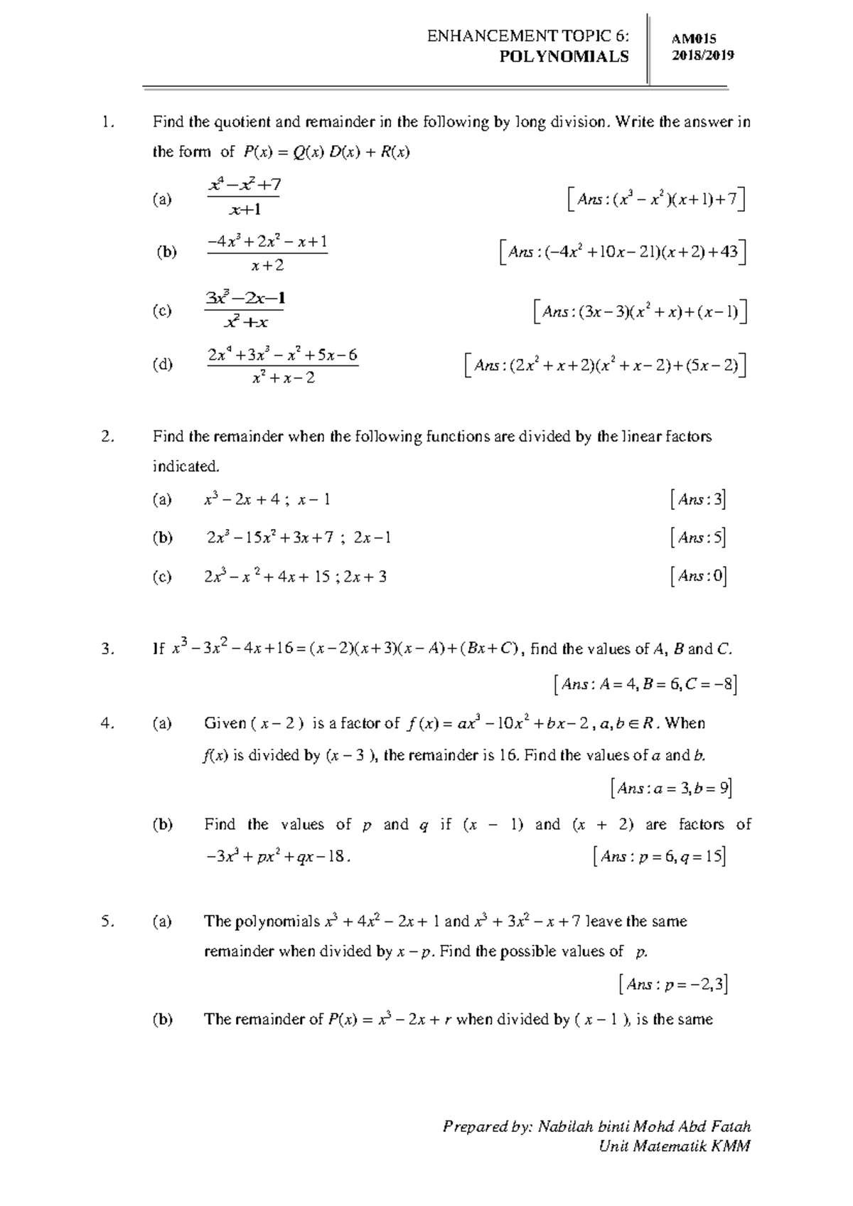 Enhancement Topic 6: Polynomials AM015 - Long Division & Remainders ...