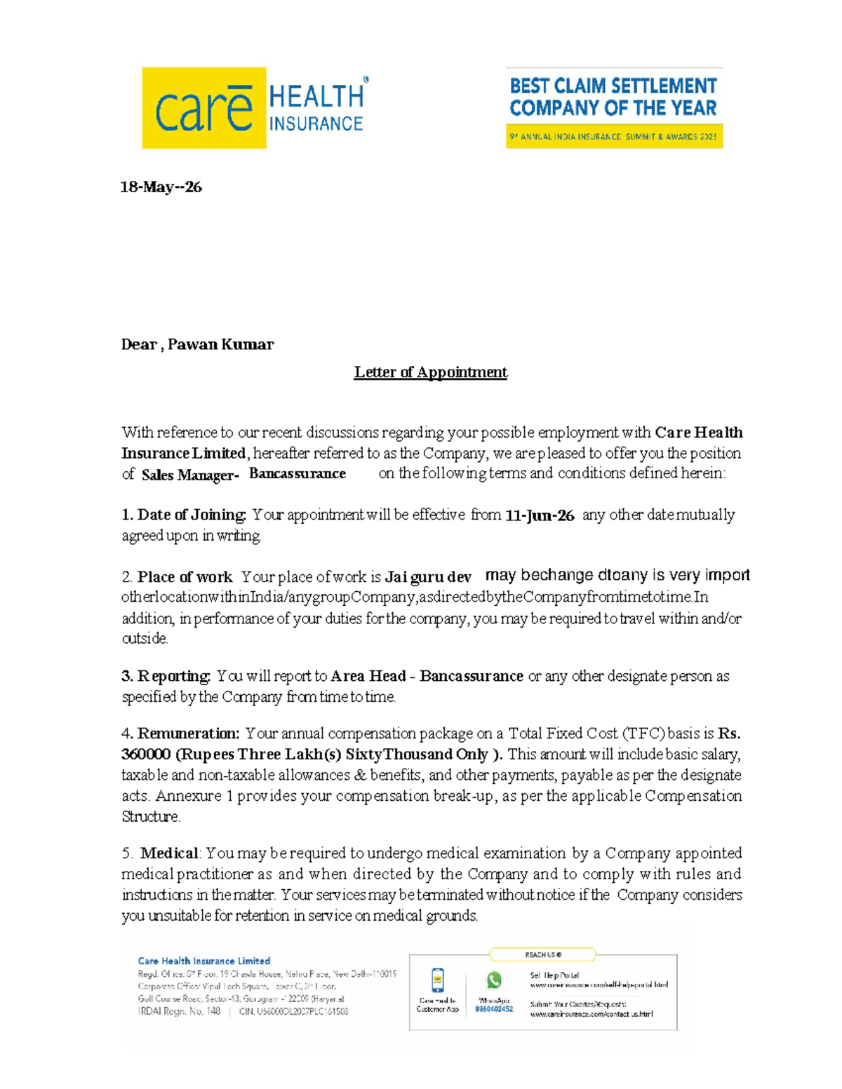 Offer Letter for Sales Bancassurance Position - Pawan Kumar - Studocu