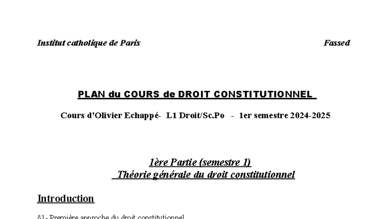 Plan de Cours de Droit Constitutionnel L1 - Semestre 1 - Studocu