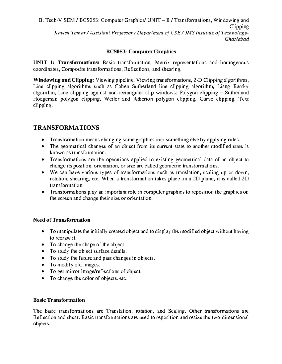 BCS 053 Midterm Notes: Computer Graphics Transformations & Clipping ...