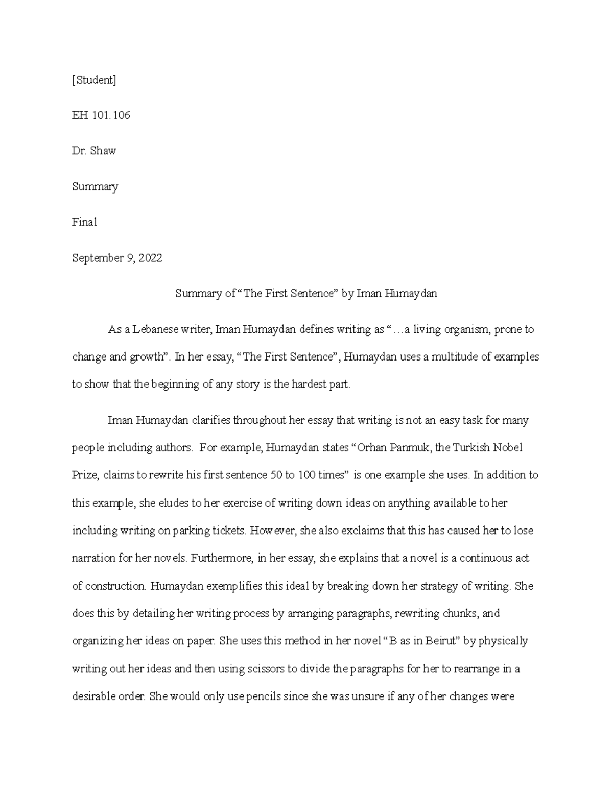 EH 101 Final Summary Essay: Exploring Iman Humaydan's Writing Insights ...