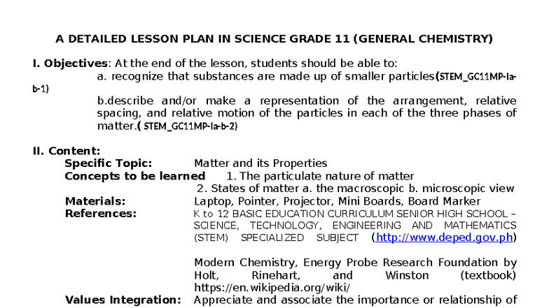 Grade 11 General Chemistry Lesson Plan: Understanding Matter and Its ...