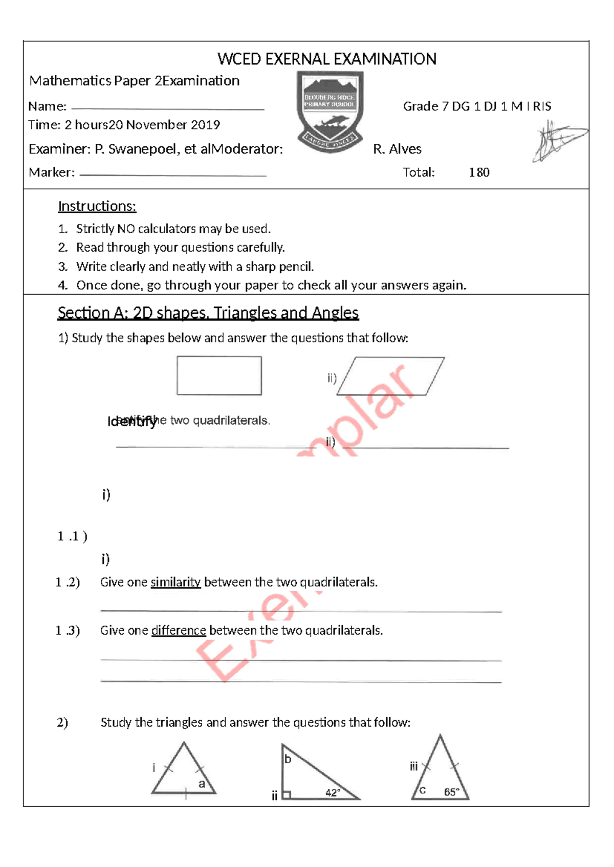 Grade 7 Mathematics Exam Paper 2 - 20 Nov 2019 - Studocu