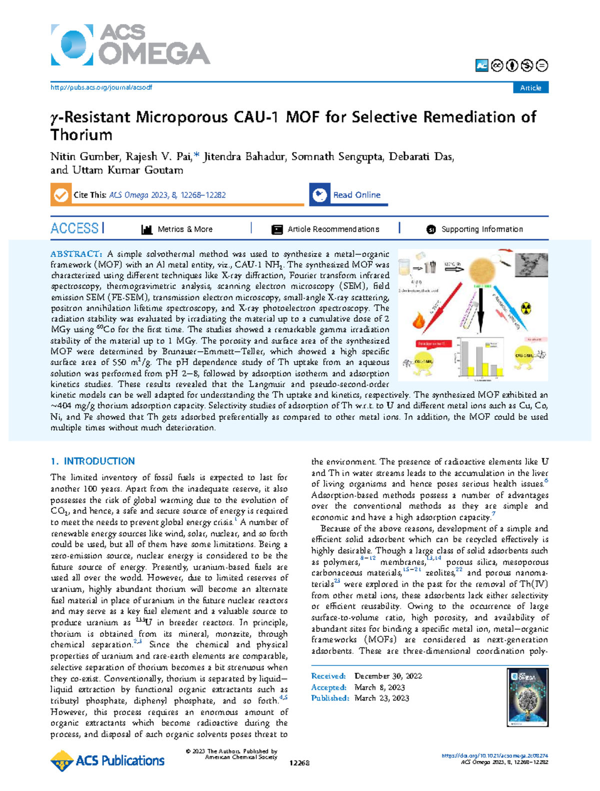 G-Resistant Microporous CAU-1 MOF for Selective Thorium Remediation ...