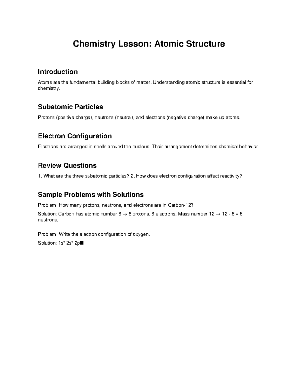 Chemistry Lesson: Atomic Structure Intro & Practice Materials - Studocu