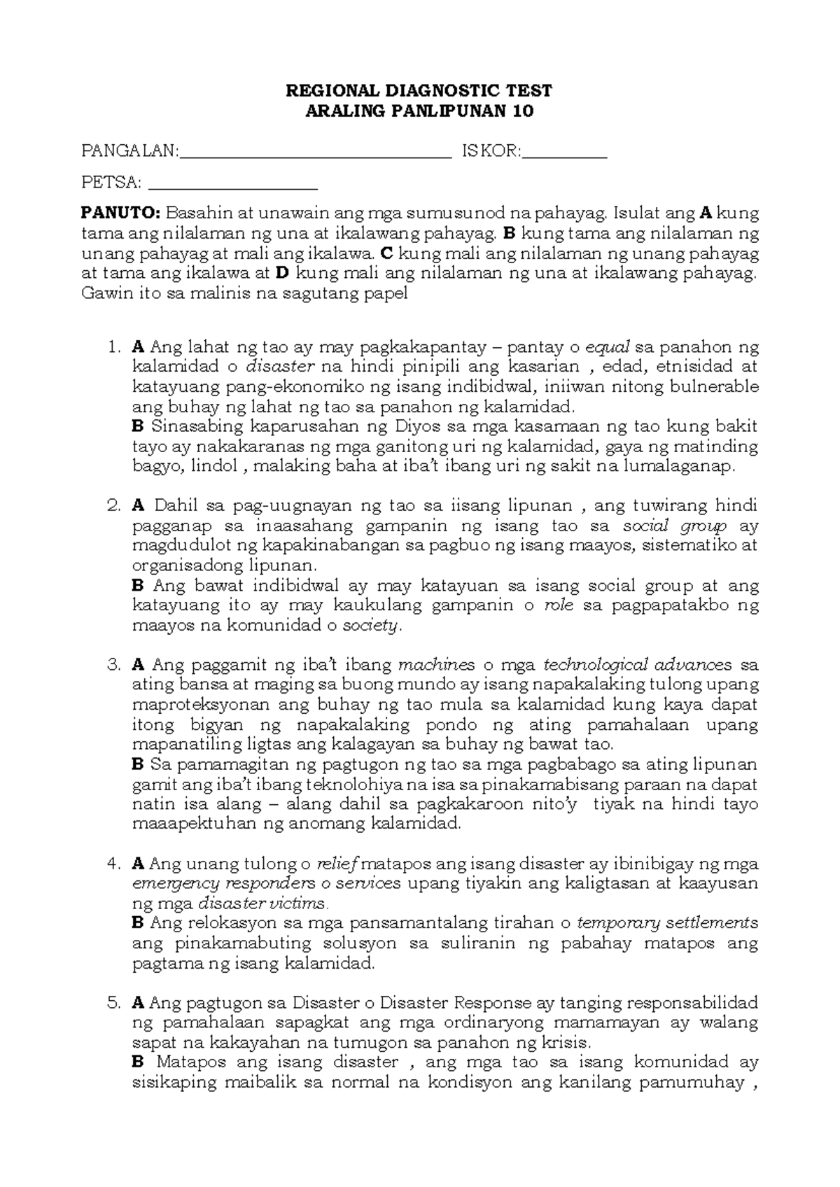 AP10 Regional Diagnostic Test in Araling Panlipunan - Aurora Bataan PDF ...