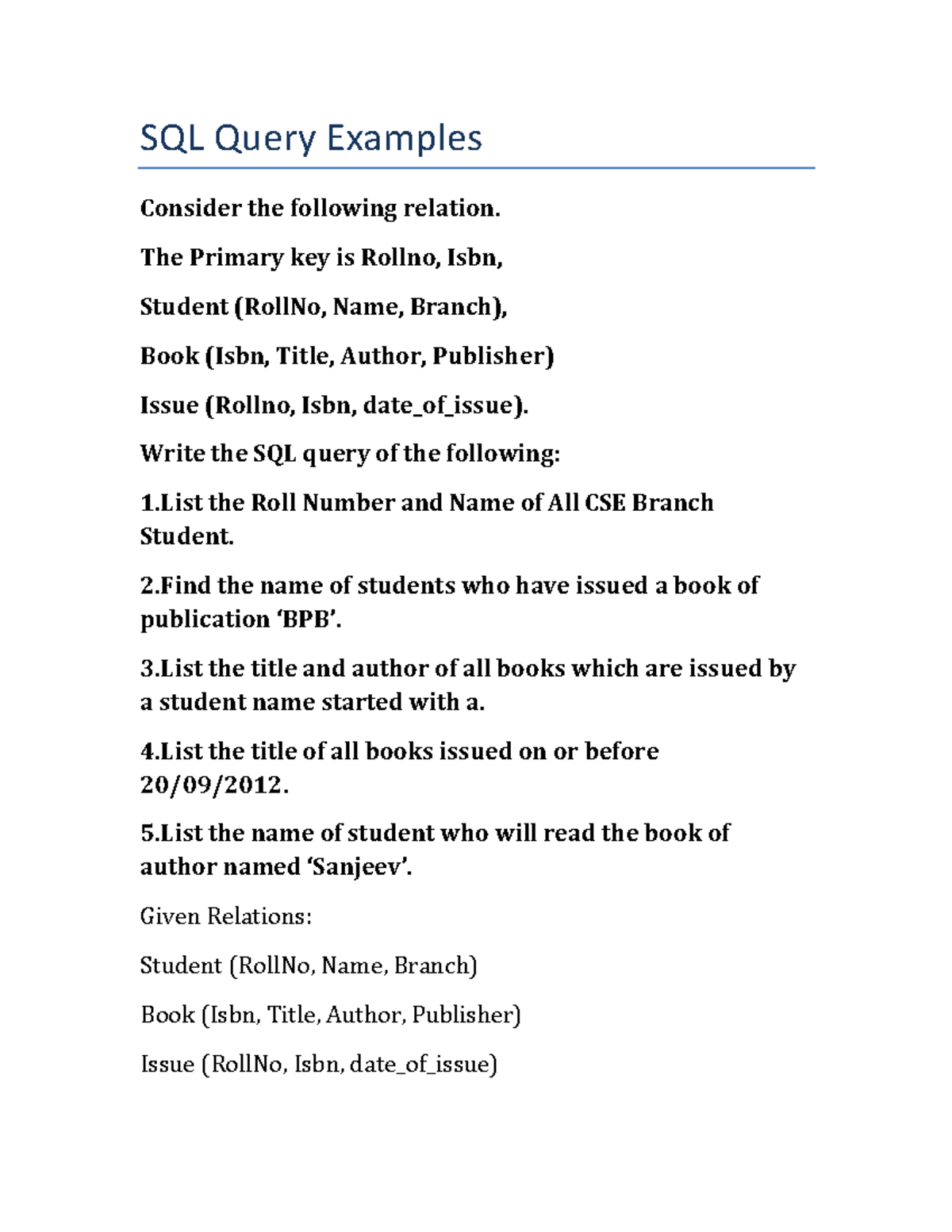 SQL Queries for Class - SQL: CSE Branch Student Issues - Studocu