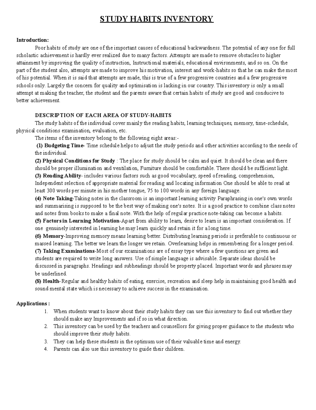Study Habits Inventory - STUDY HABITS INVENTORY Introduction: Poor ...