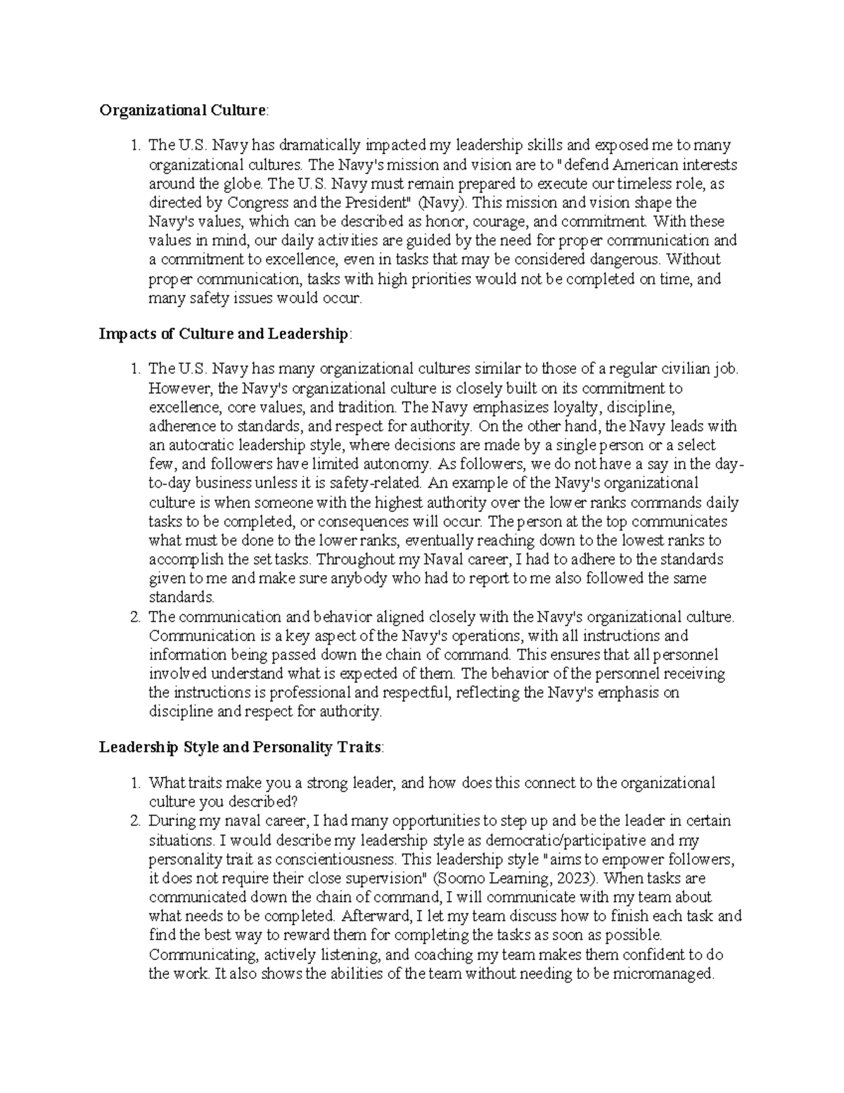 Organizational culture and leadership insights in BUS 210 Module 4 ...