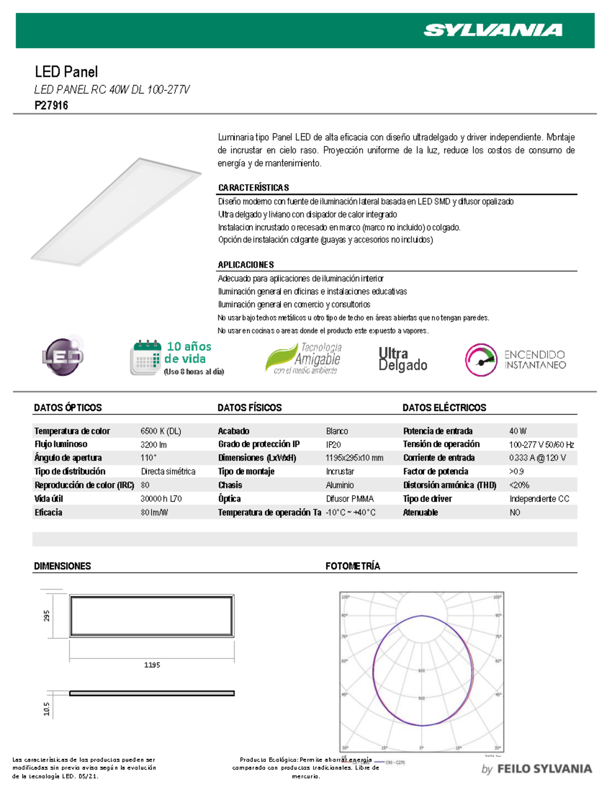 FT-P27916 Luminaria LED Panel Rectangular - Especificaciones y ...