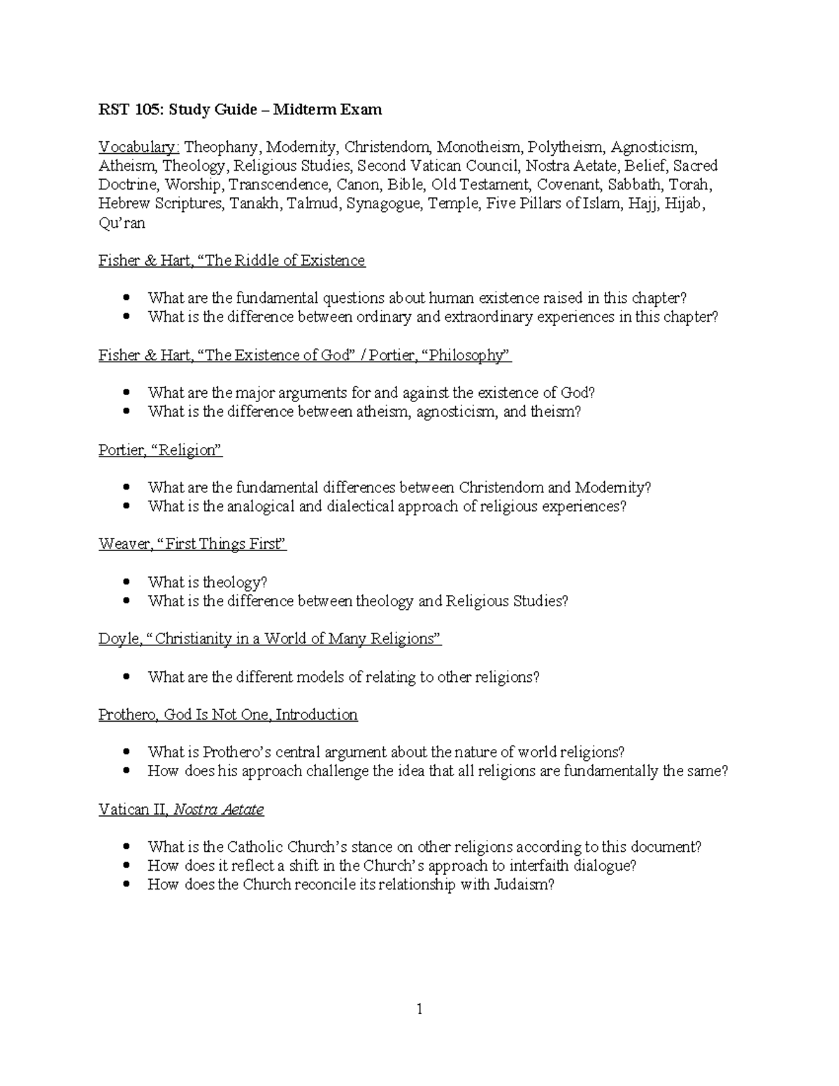 RST 105: Midterm Exam Study Guide on Key Religion & Faith Concepts ...