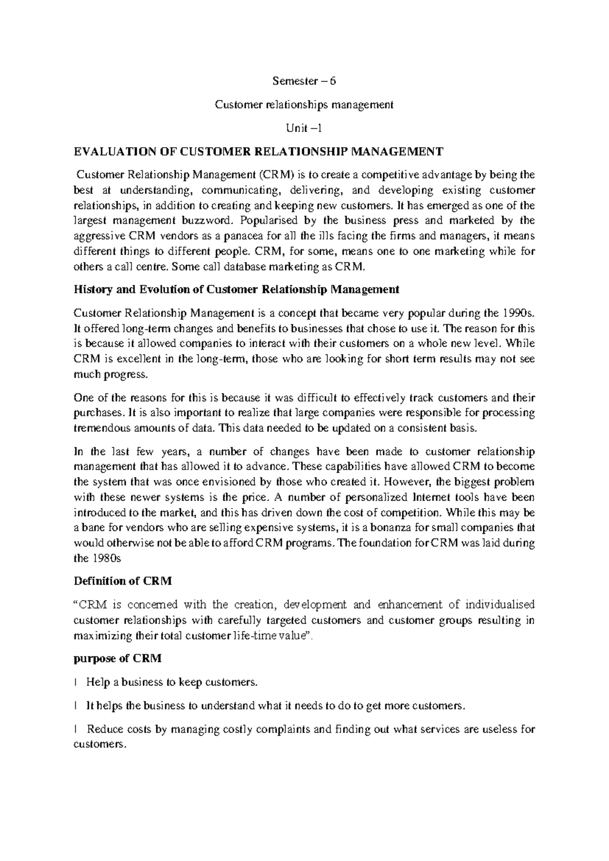 CRM Semester 6 - Unit 1 Lecture Notes on Customer Relationship ...