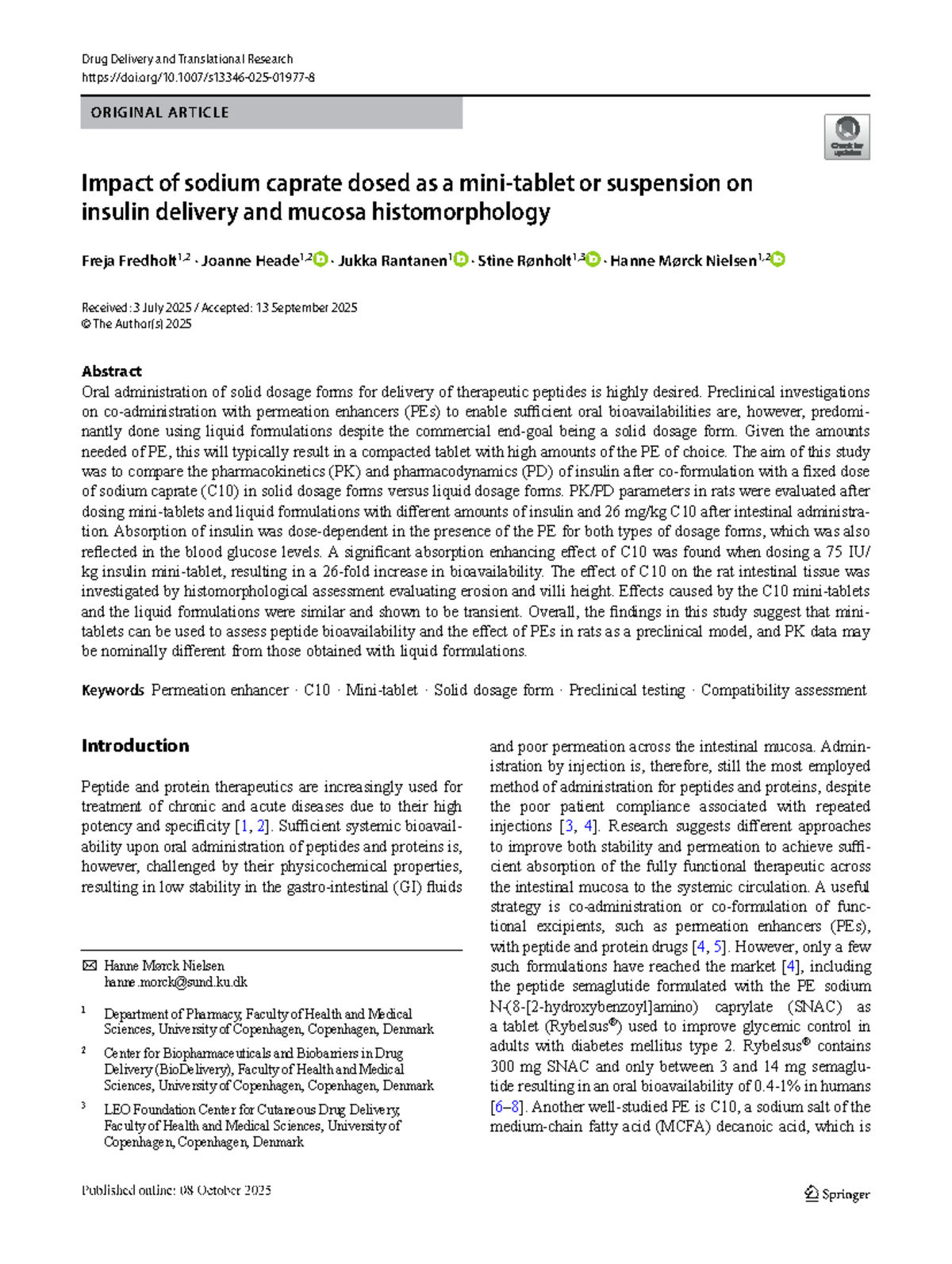 Impact of Sodium Caprate on Insulin Delivery: Mini-Tablet vs ...