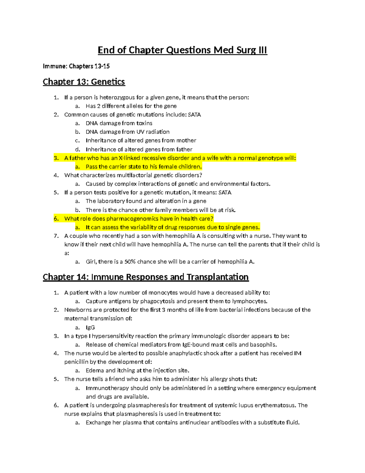End of Chapter Questions for Med Surg Immune: Genetics, Immune ...