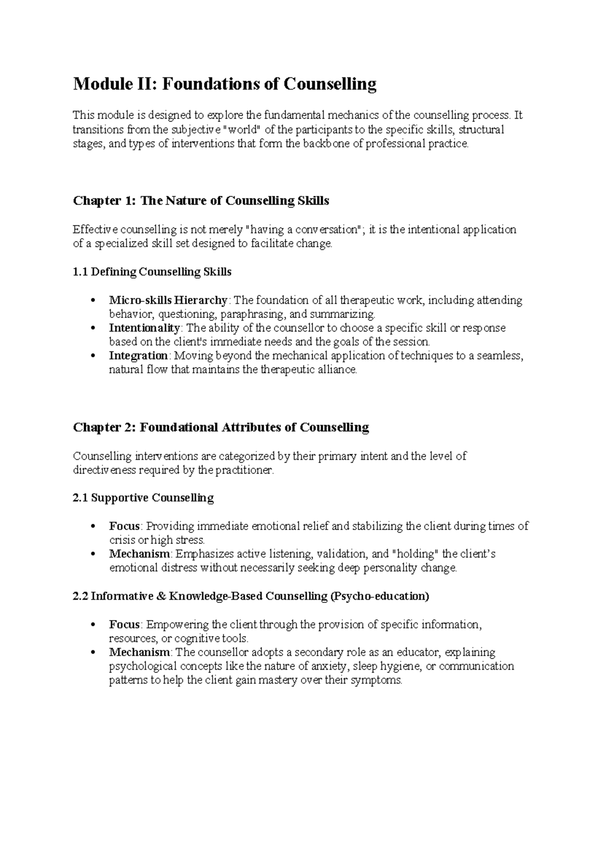 Module II: Foundations of Counselling - Key Concepts & Skills - Studocu