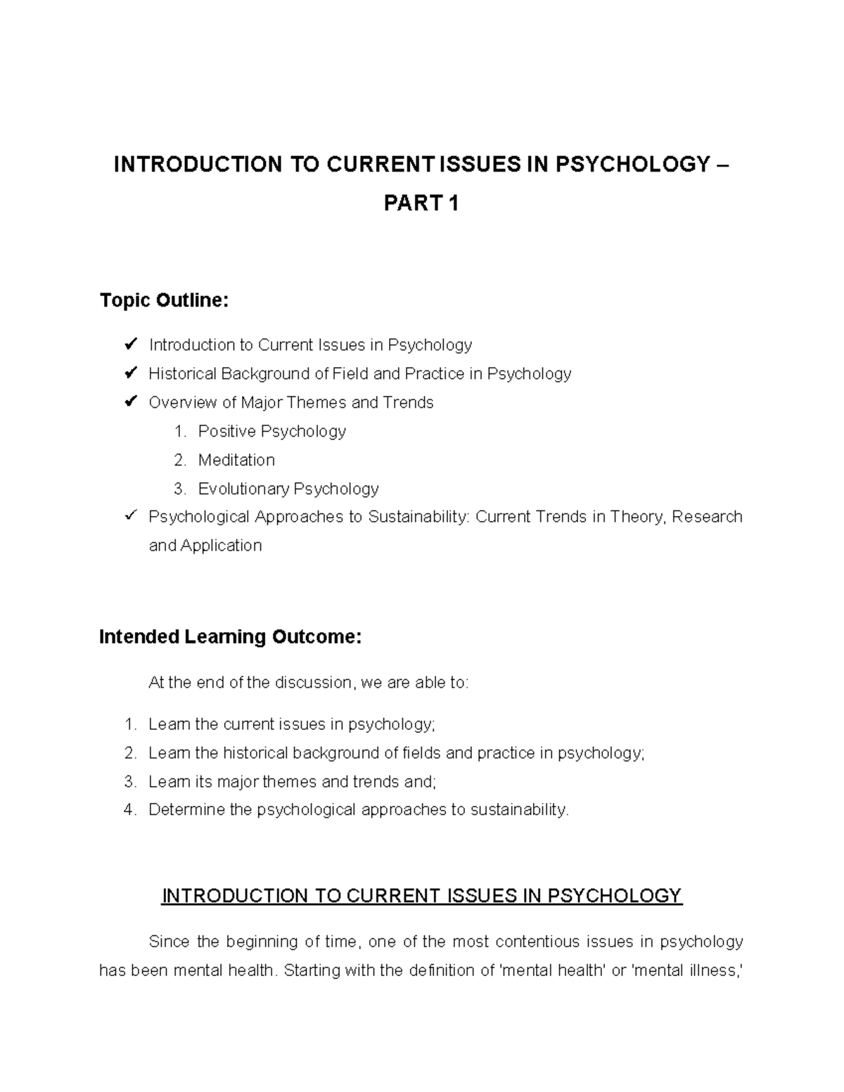 PSY 101: Current Issues and Trends in Contemporary Psychology - Studocu