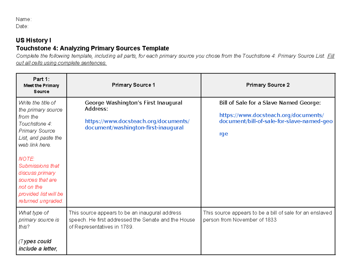 US History I Touchstone 4: Primary Source Analysis Template - Studocu