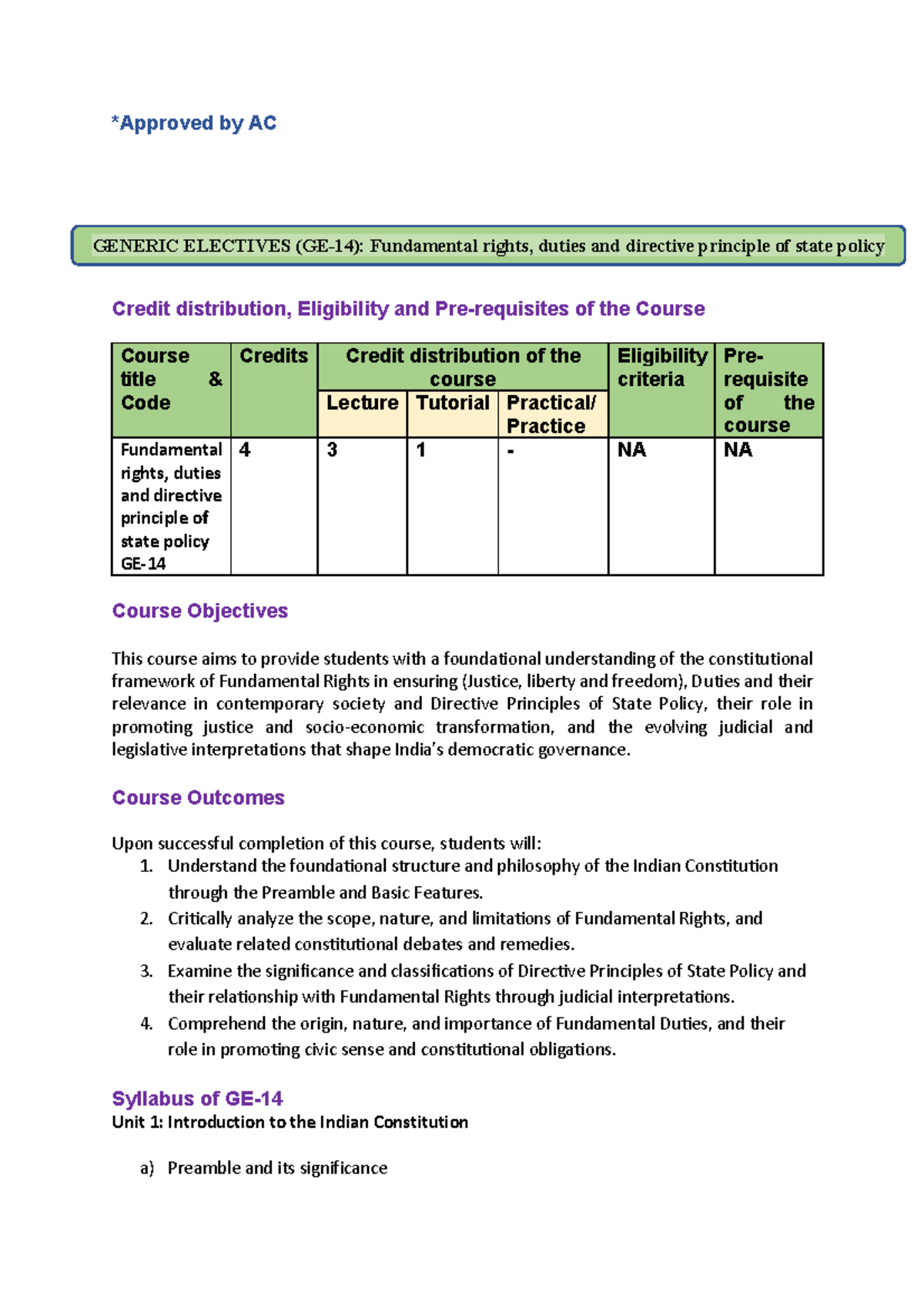AC GENERIC ELECTIVES: Fundamental Rights & Duties Overview - Studocu