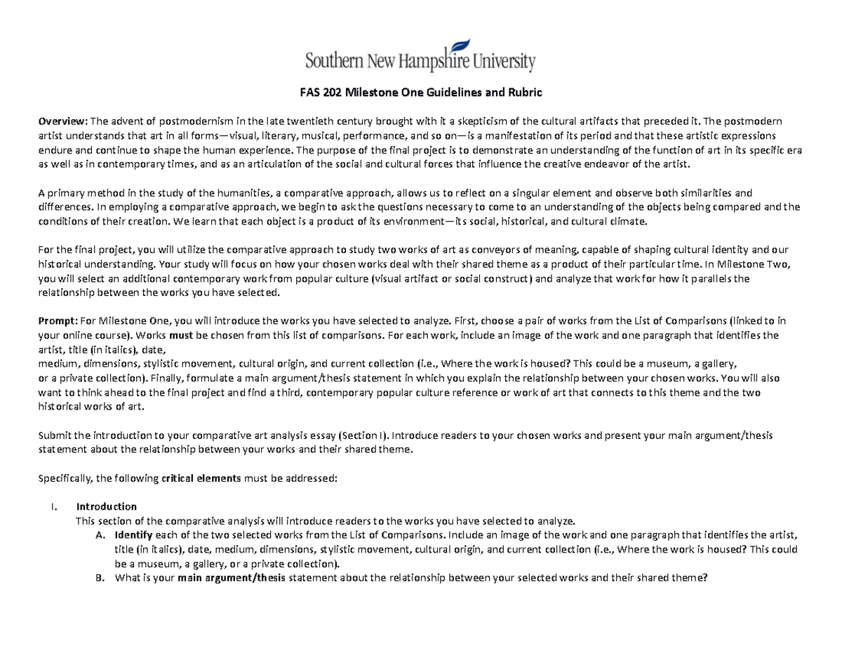 FAS 202 Milestone One: Comparative Analysis of Selected Artworks - Studocu