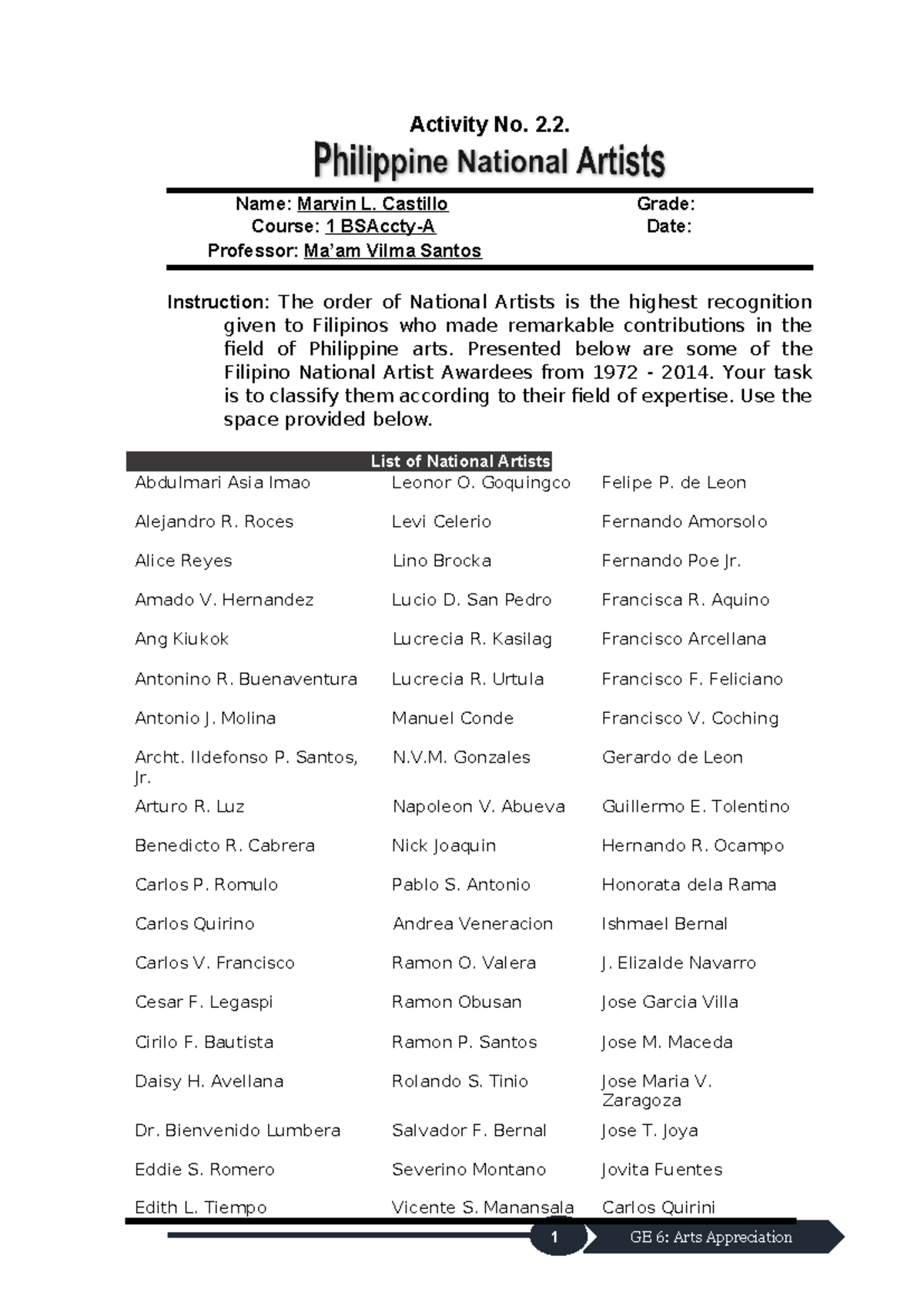 Activity-2 - for educational purpose only - 1 GE 6: Arts Appreciation Activity No. 2. Name ...