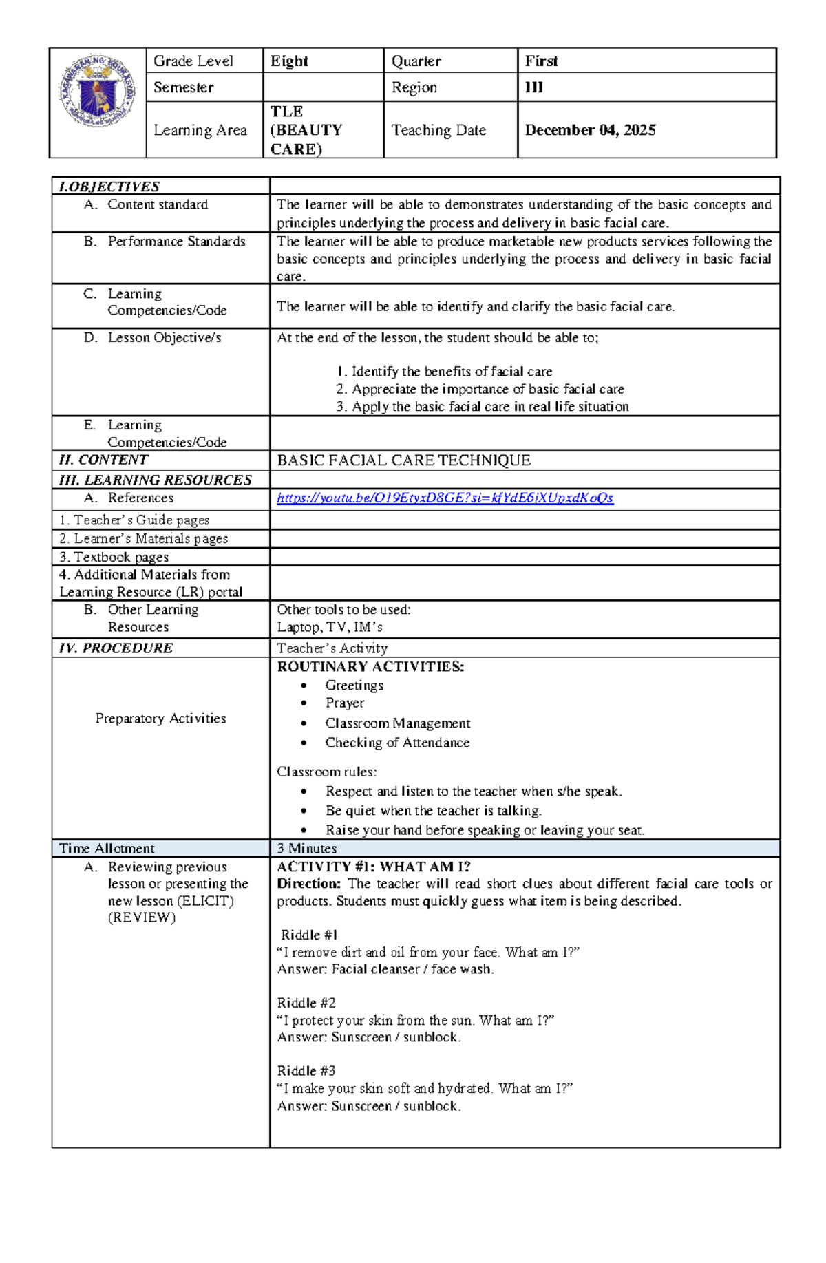 DLP KC - Detailed Lesson Plan on Basic Facial Care for TLE (Beauty Care ...