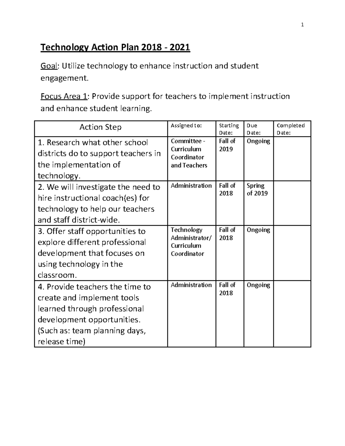 Technology Action Plan 2018-2021: Enhancing Instruction with Tech - Studocu