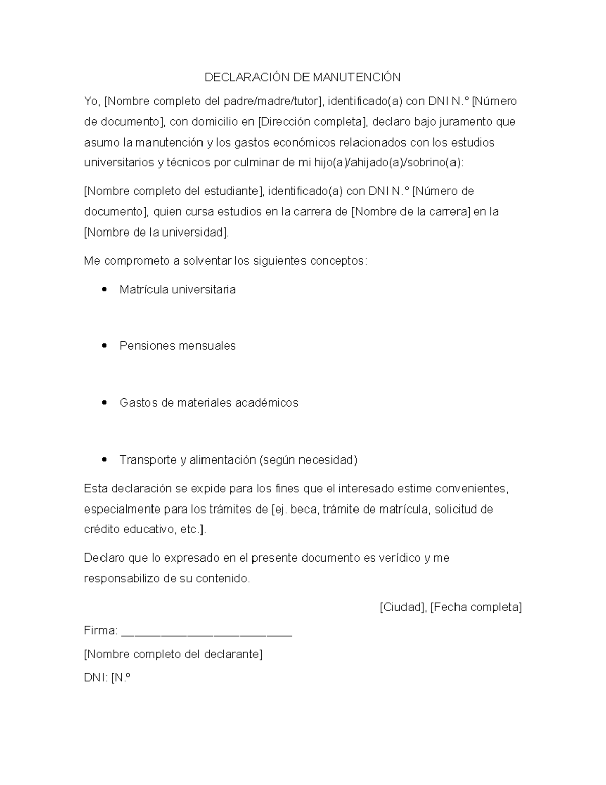 Declaración de Manutención para Estudios Universitarios - Studocu