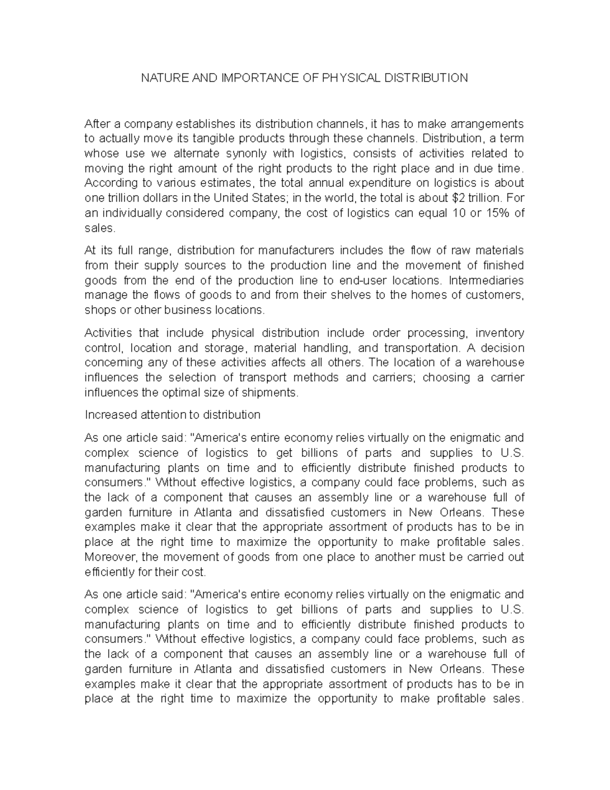 NATURE AND IMPORTANCE OF PHYSICAL DISTRIBUTION - Distribution, a term ...