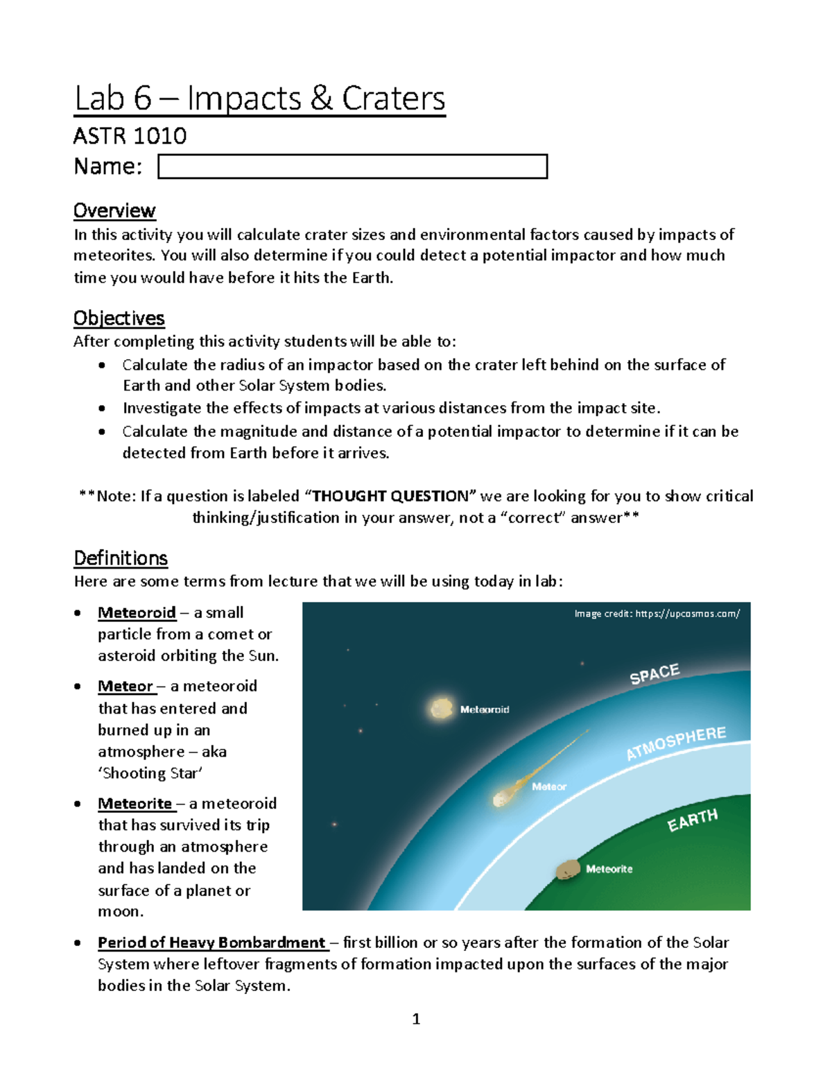 ASTR 1010: Lab 6 - Impacts and Craters Analysis and Calculations - Studocu