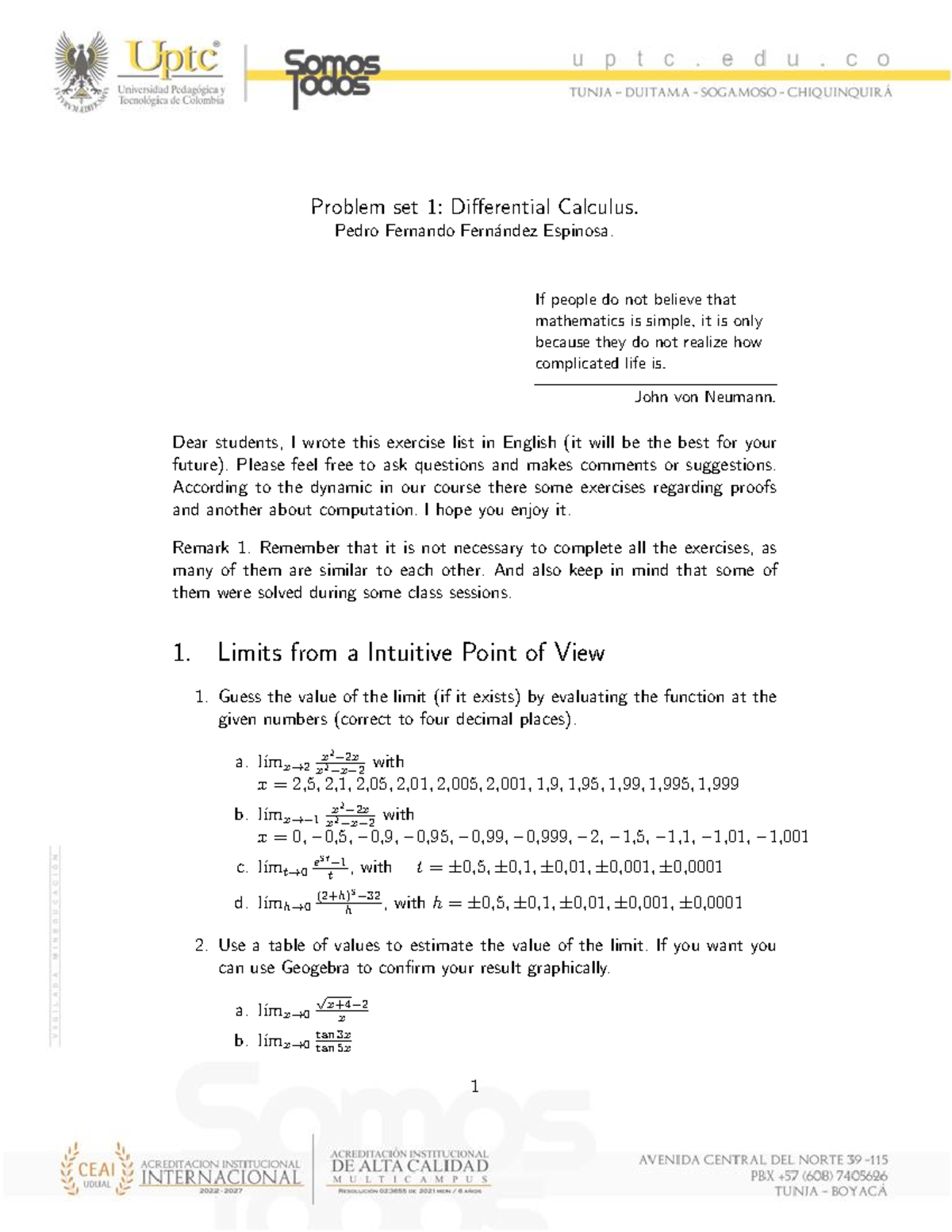Cálculo Diferencial Lista de Ejercicios - Problem set 1: Differential ...