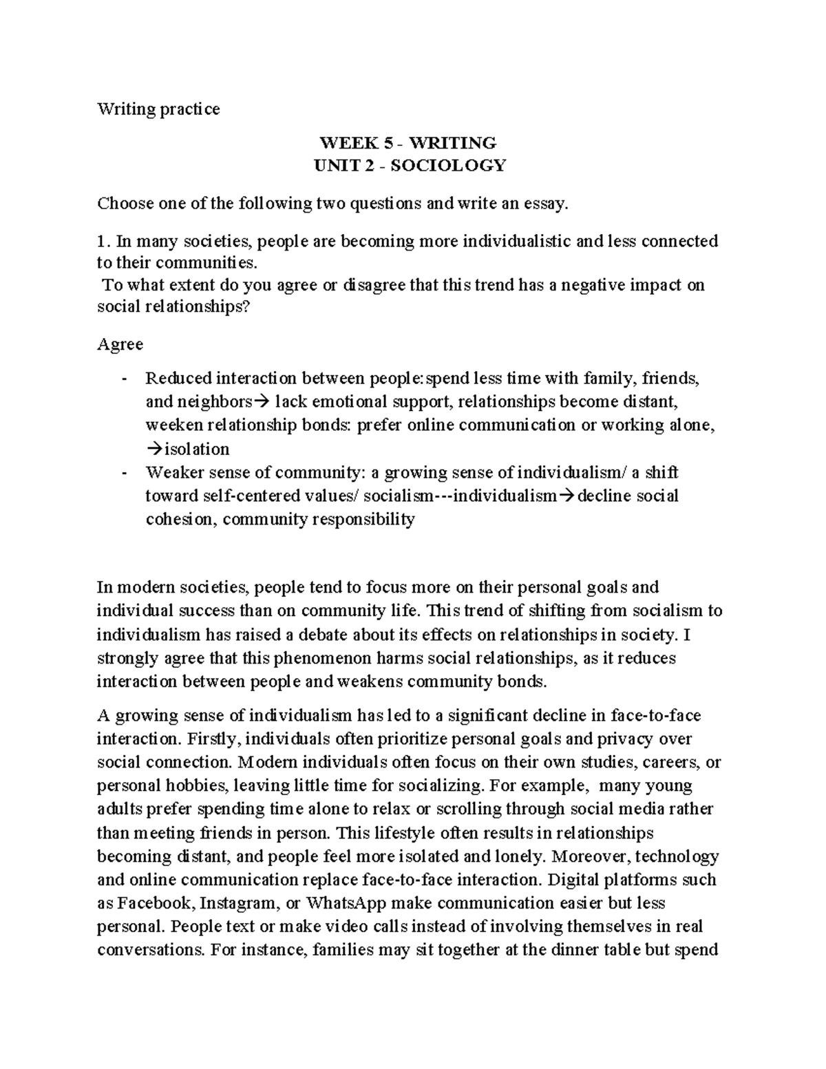 Writing Practice W2: The Impact of Individualism on Social ...