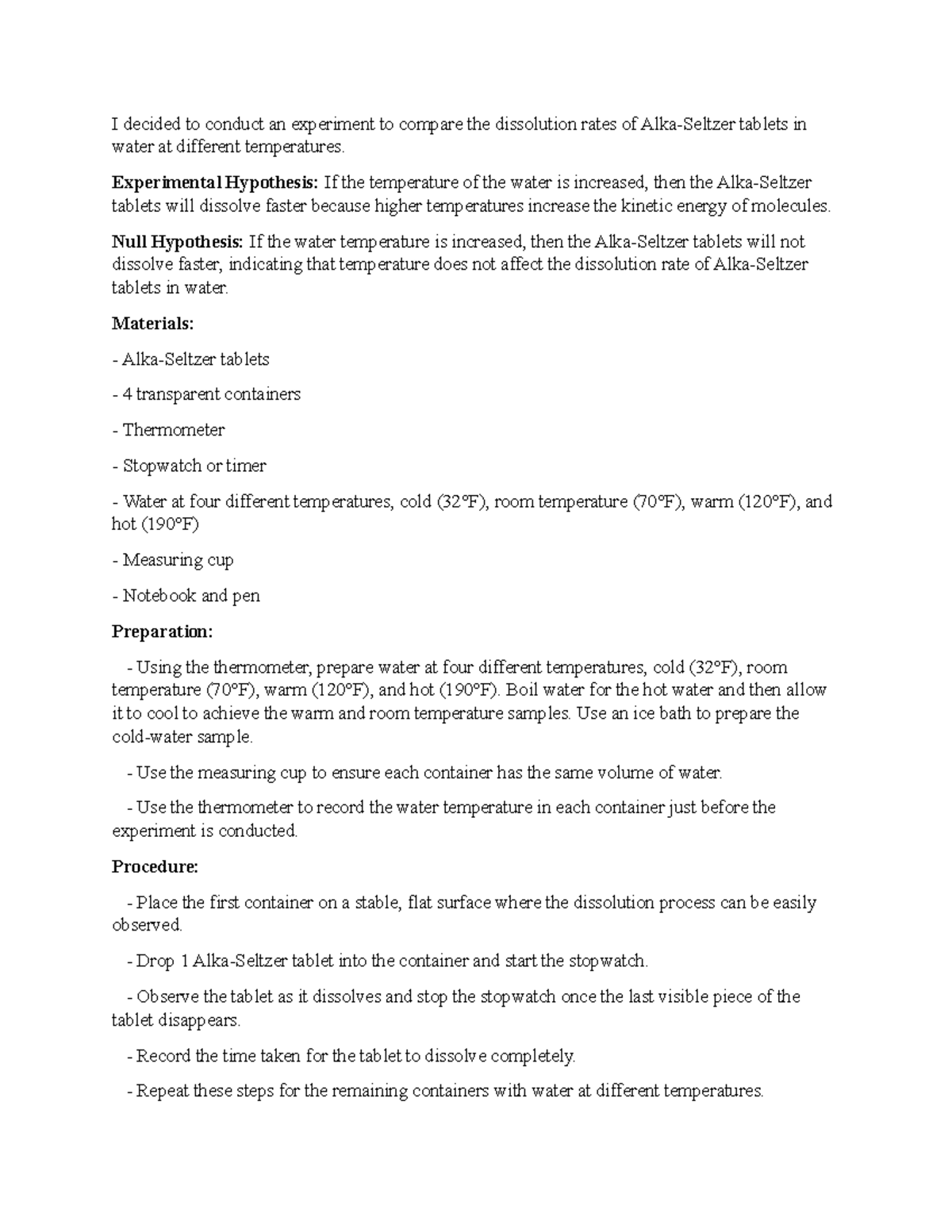 Experiment on Dissolution Rates of Alka-Seltzer Tablets (Milestone 2 ...