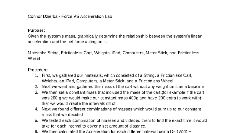 Force VS Acceleration Lab - Google Docs - Connor Dzierba Force VS ...