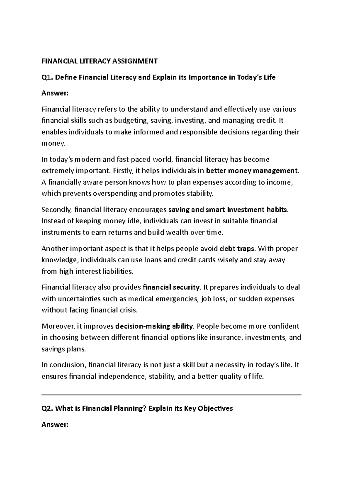 FINANCIAL LITERACY ASSIGNMENT: Key Concepts and Importance - Studocu