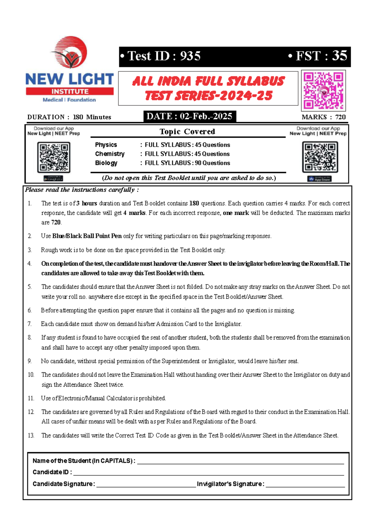 FST-35 Full Syllabus NEET 2025 Exam Paper Instructions and Guidelines ...