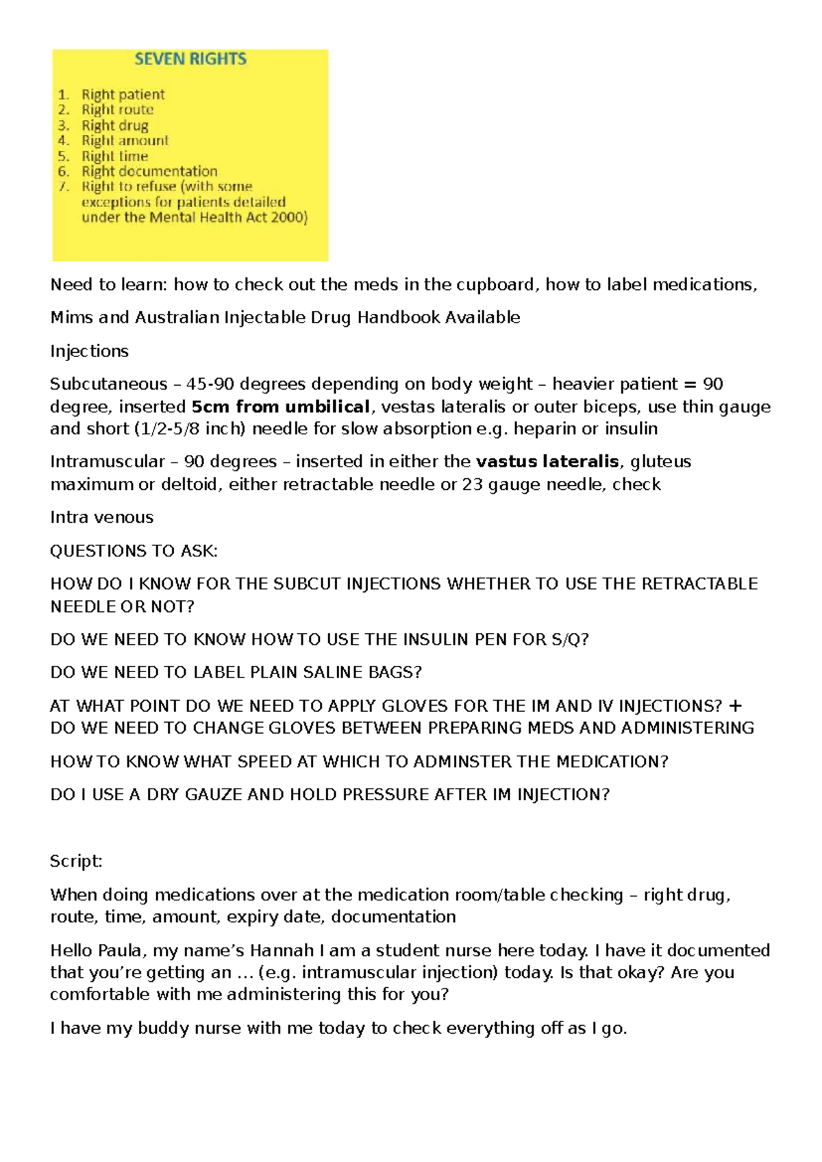 OSCE Prep: IV, IM & Subcut Injections Notes (NURS101) - Studocu