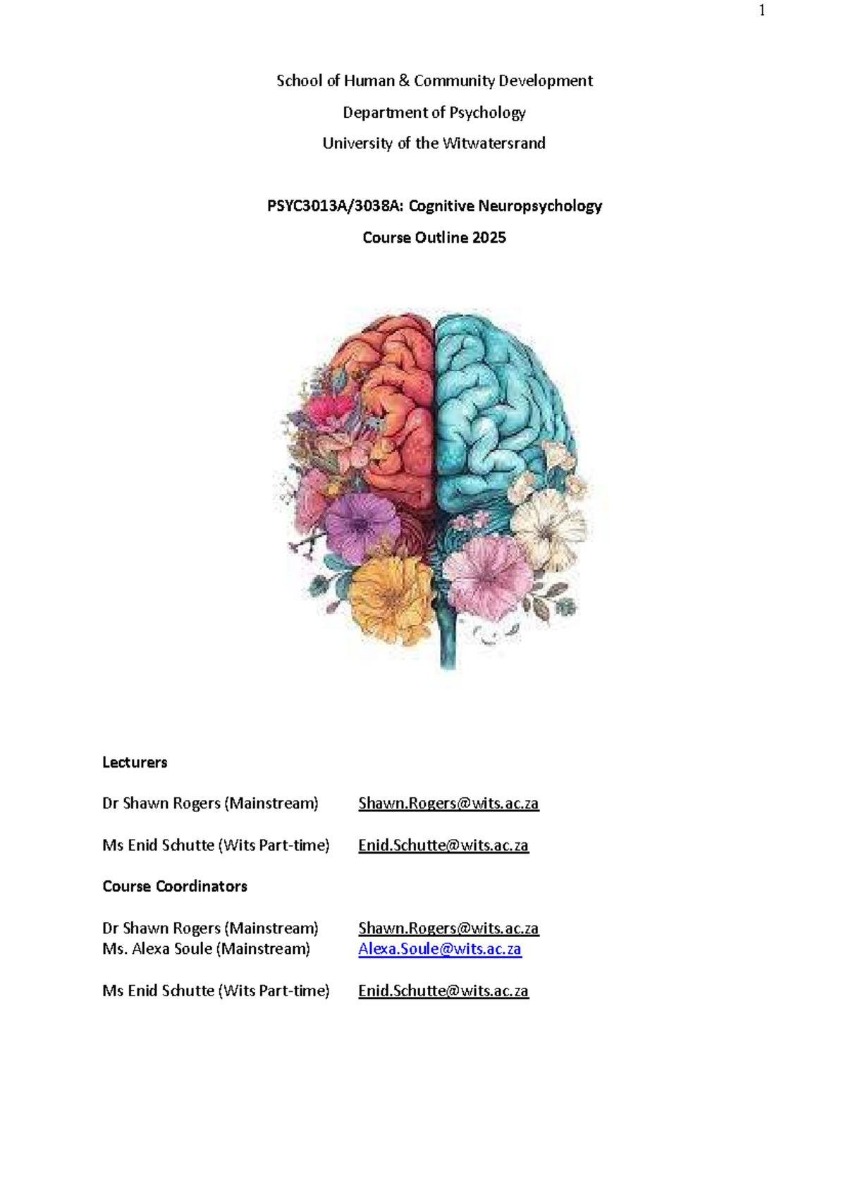 Course Outline: Cognitive Neuropsychology PSYC3013A - 2025 Final - Studocu