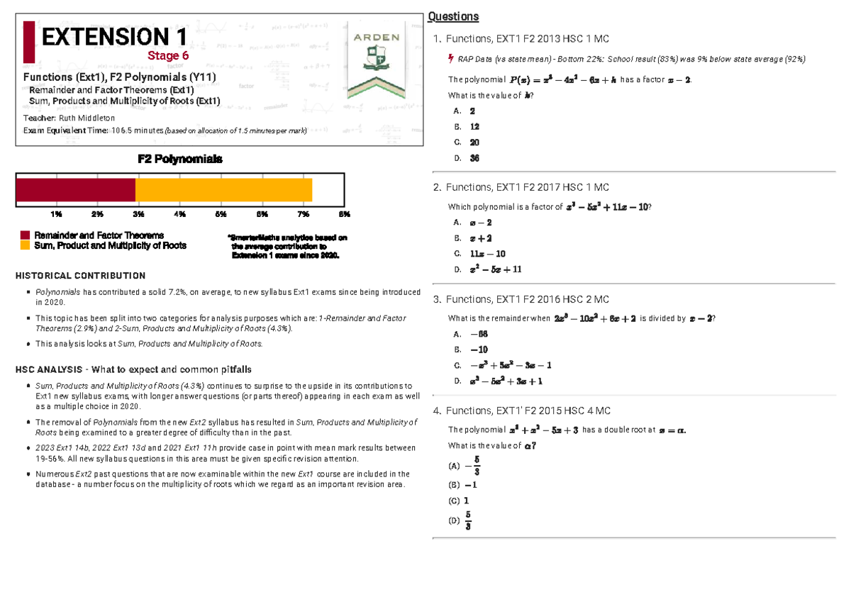Smarter Maths Year 11 EXT1 Polynomials: Functions & Theorems Analysis - Studocu