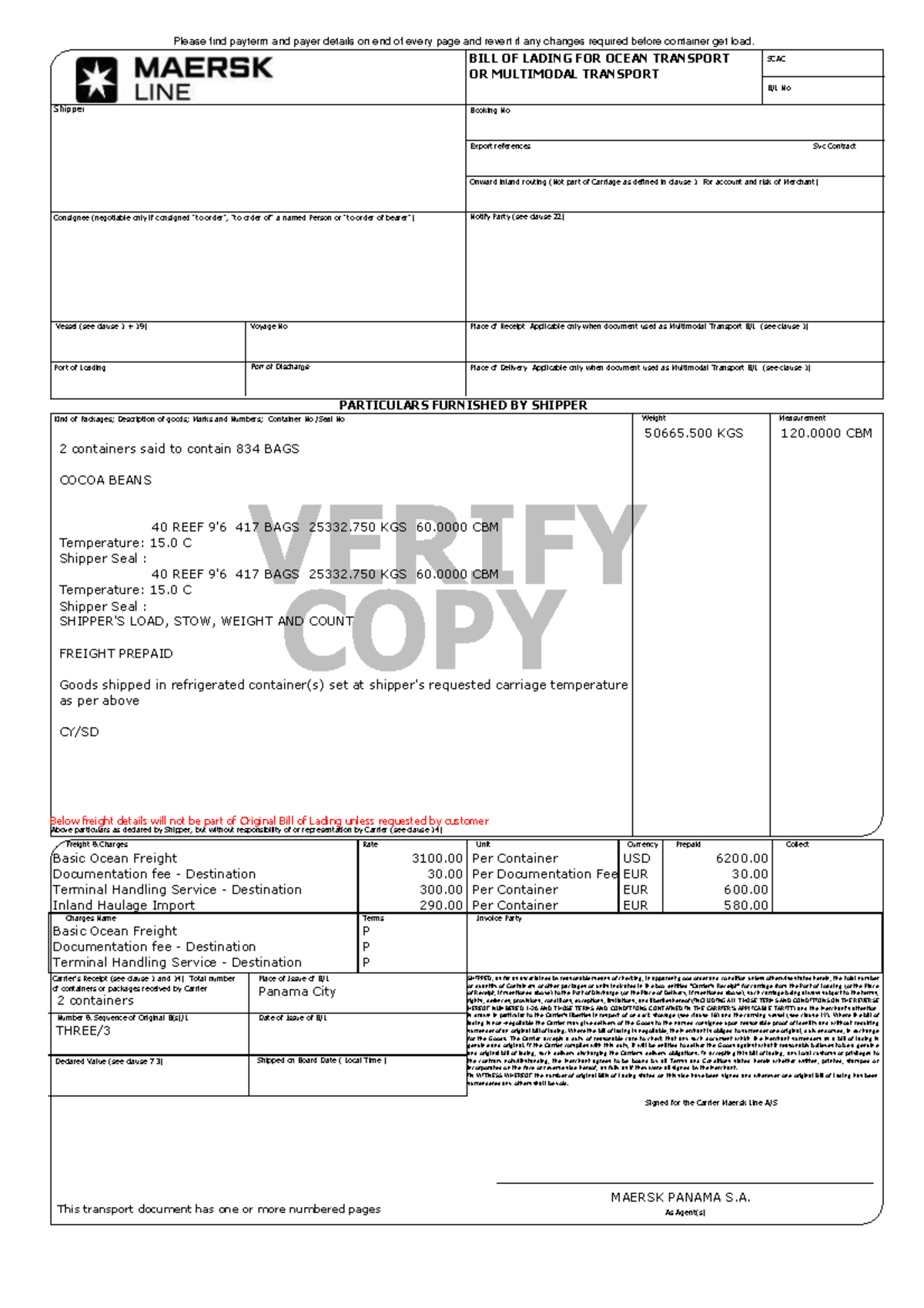 Bill of Lading for Ocean Transport - Maersk - 417837564-BL - Studocu
