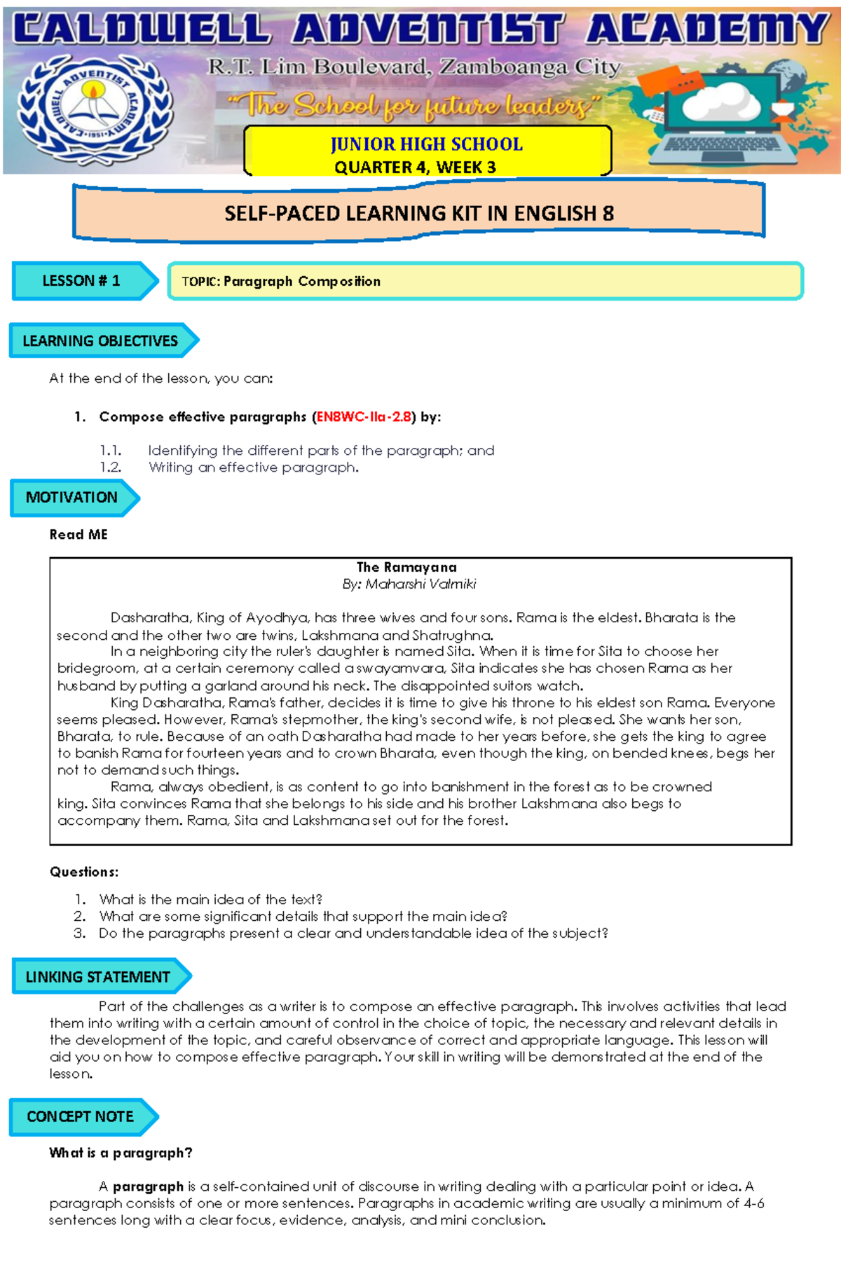English 8 - Effective Paragraph Composition Guide - Studocu