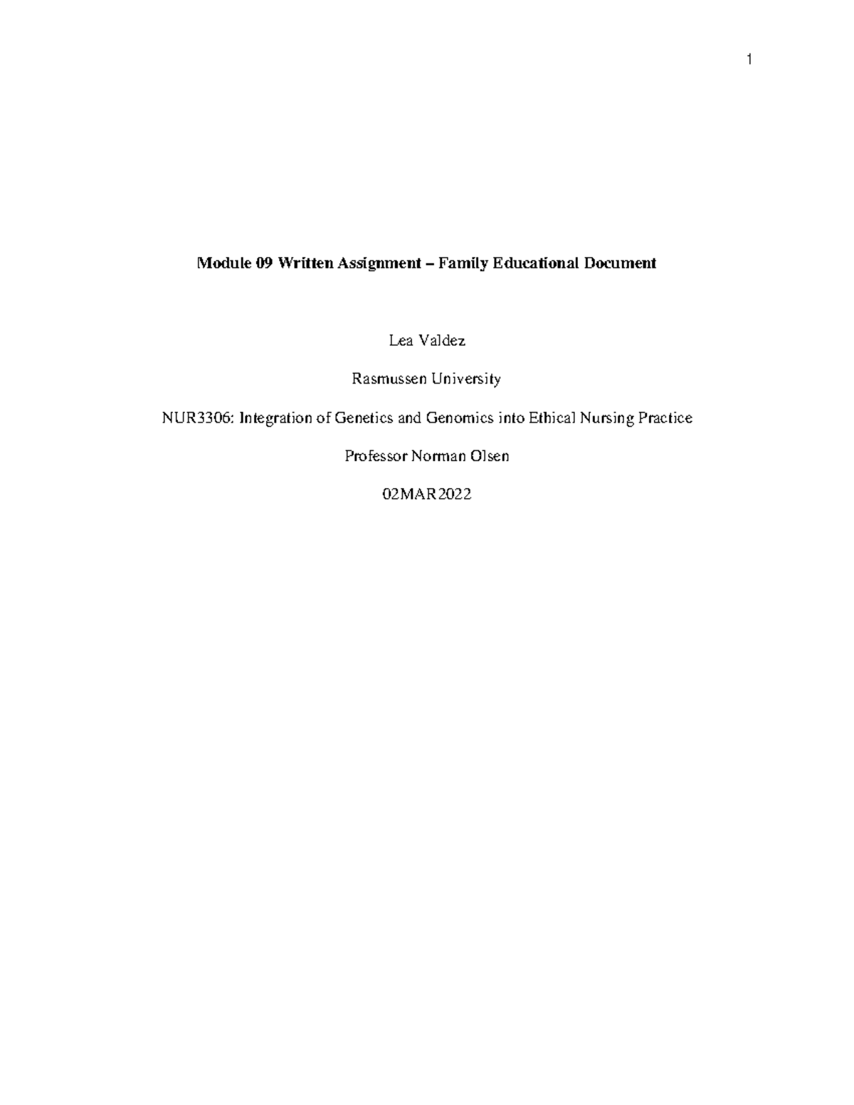 NUR3306 Module 09 Written Assignment: Prenatal Testing for Down ...