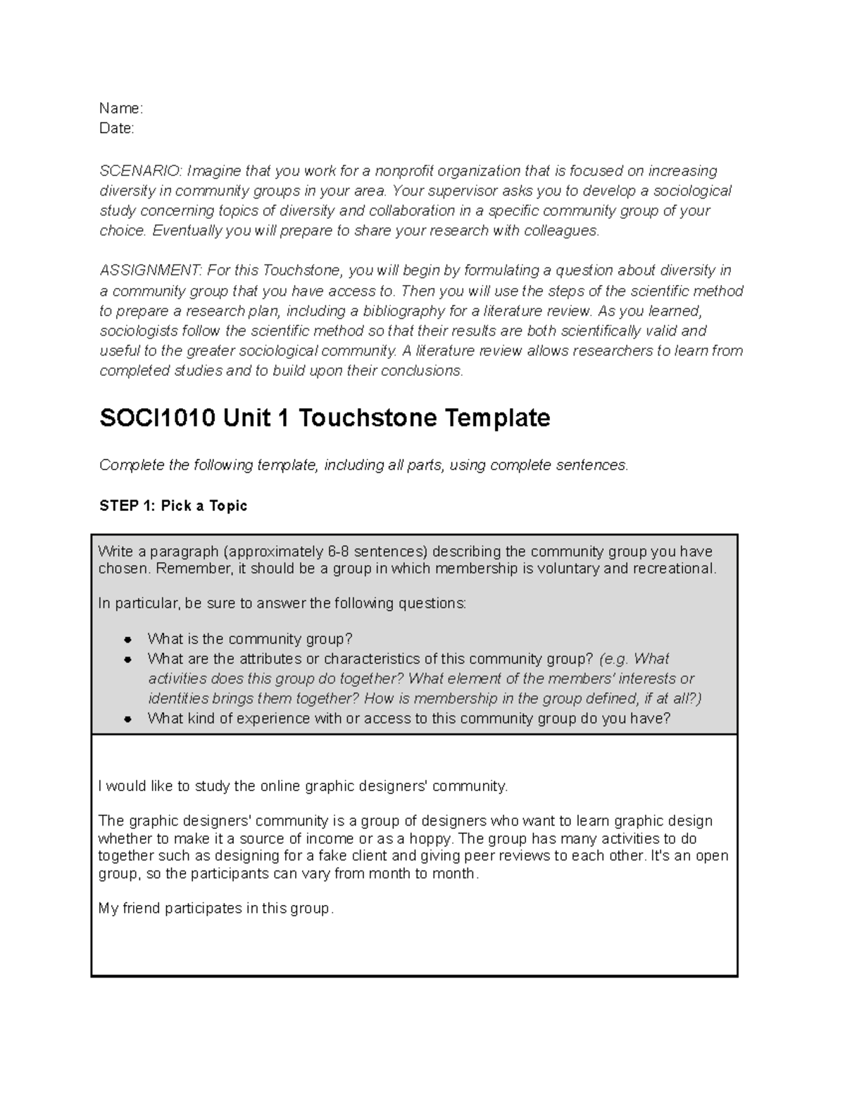 SOCI1010 Unit 1 Touchstone 1: Diversity in Community Groups Study - Studocu