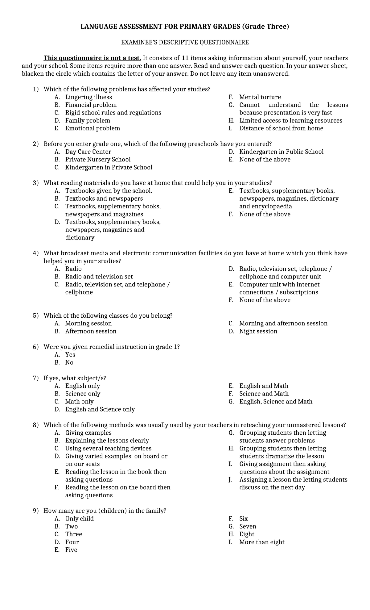 Grade 3 LAPG Examinees: Descriptive Questionnaire for Language ...