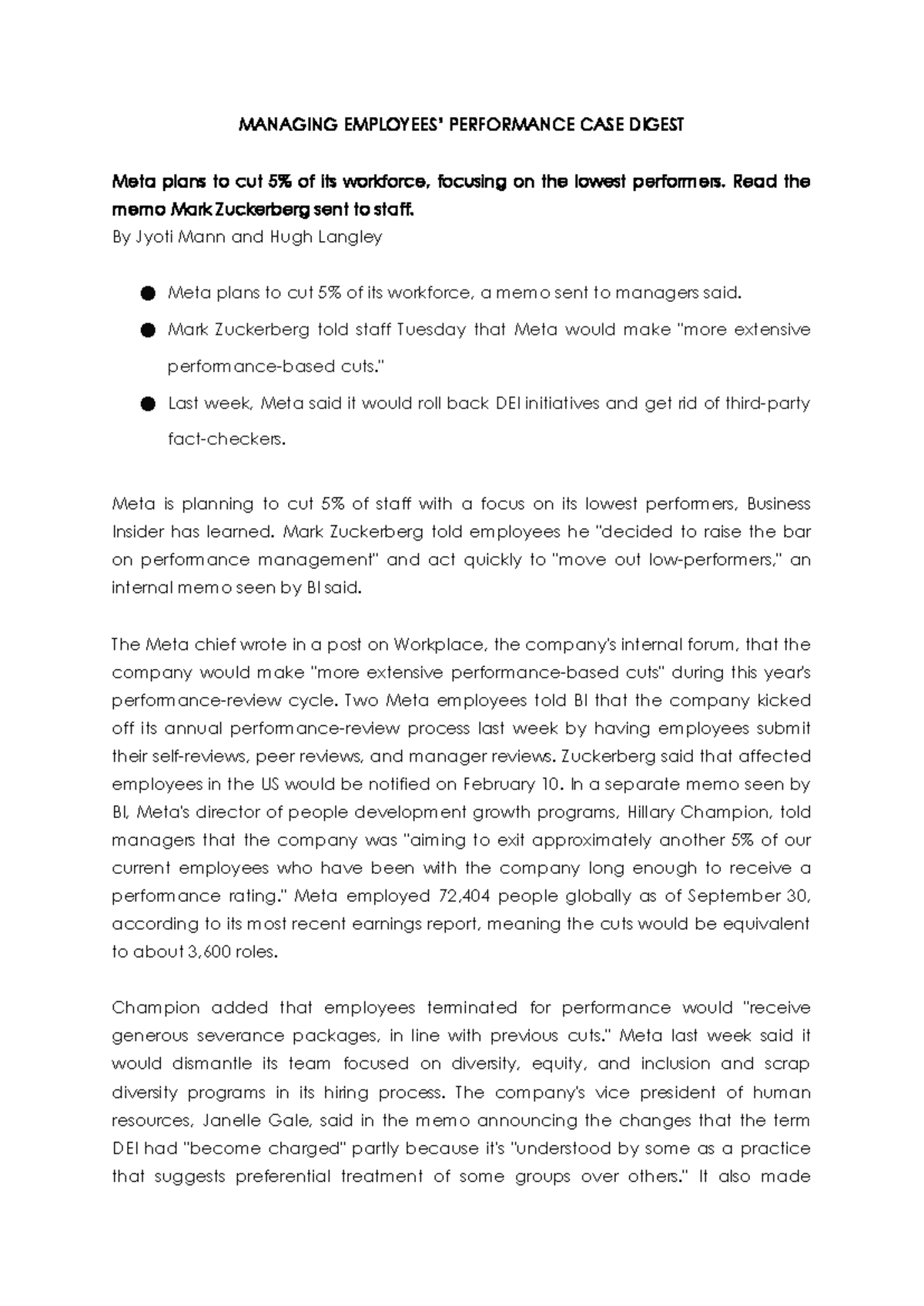 MANAGING PERFORMANCE CASE DIGEST: Meta's Workforce Cuts (Module 10 ...