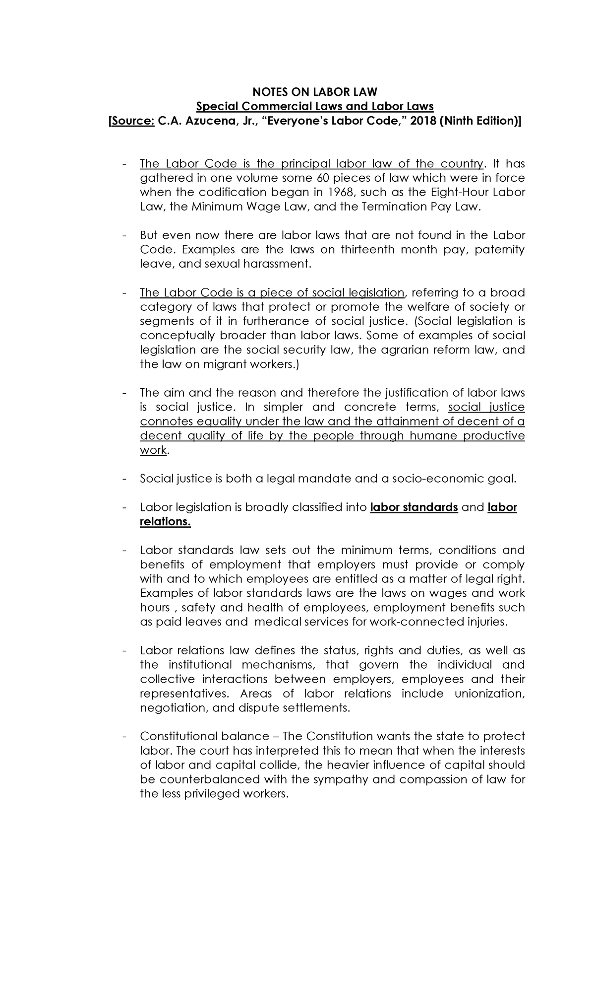 Labor Law Notes: Overview of the Labor Code and Workers' Rights - Studocu