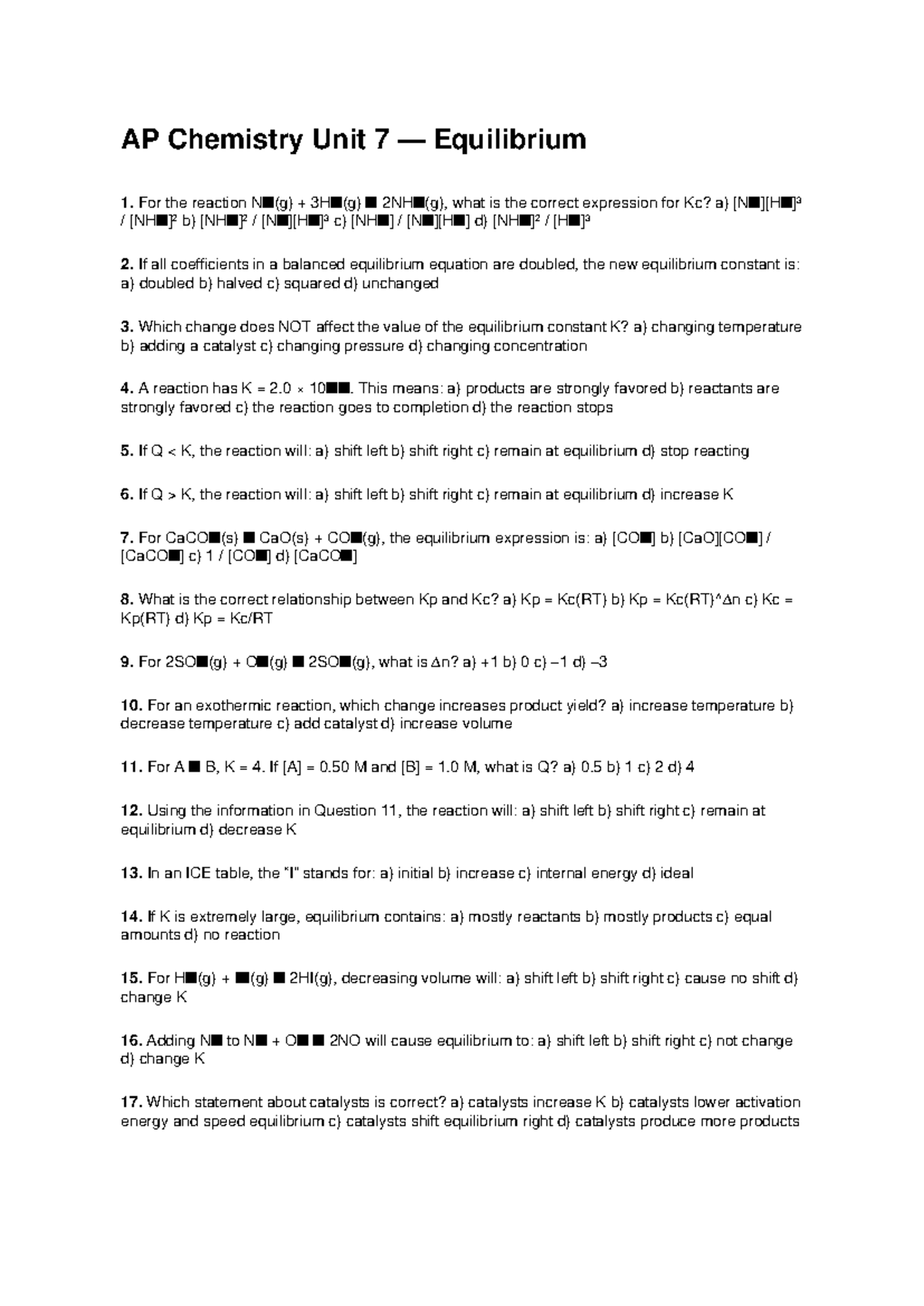 AP Chem Unit 7: Equilibrium MCQs and Answers - Studocu